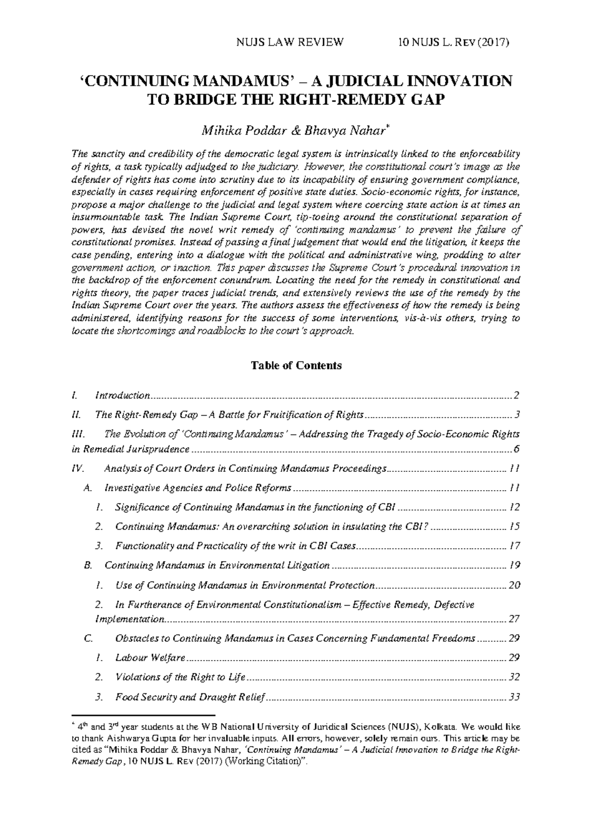 Continuing Mandamus: A Judicial Innovation in NUJS L. REV (2017) - Studocu