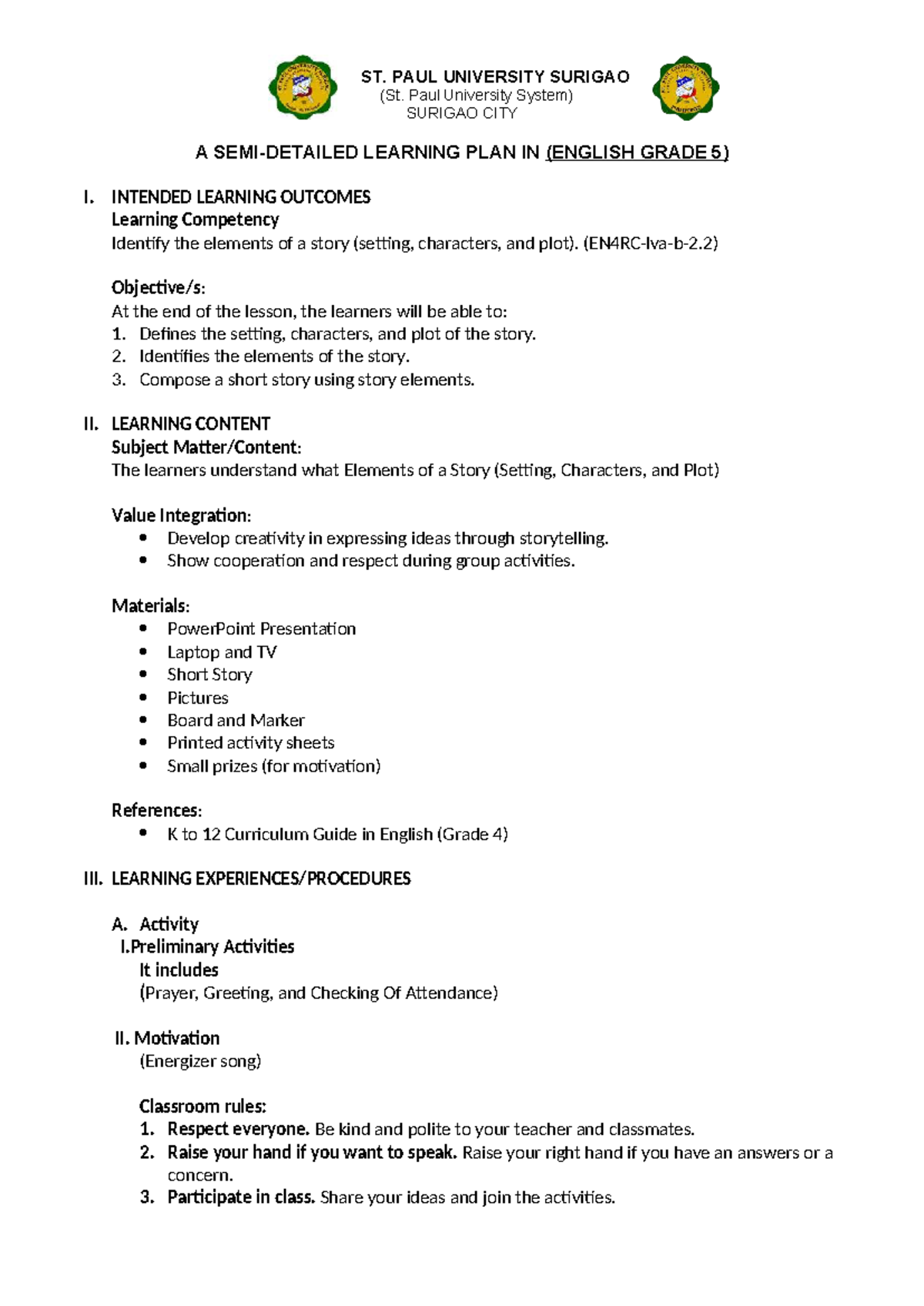 Lesson Plan: Elements of a Story (ENGLISH GRADE 5) - Studocu
