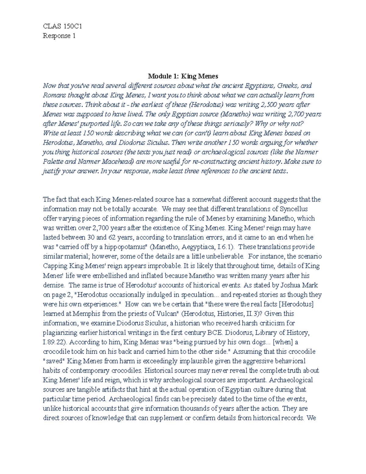 CLAS 150C: Analysis of King Menes in Historical Sources vs. Archaeology ...