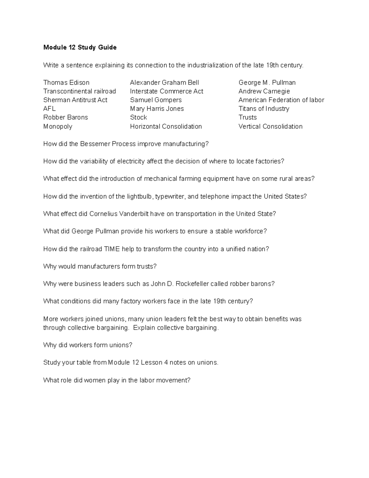 Module 12 Study Guide - Module 12 Study Guide Write a sentence ...