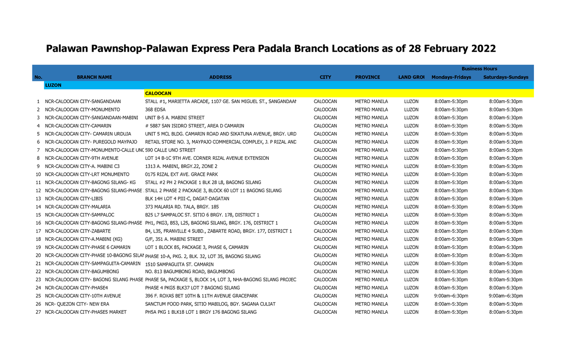 Palawan Pawnshop Branch Locations Directory - February 2022 - Studocu