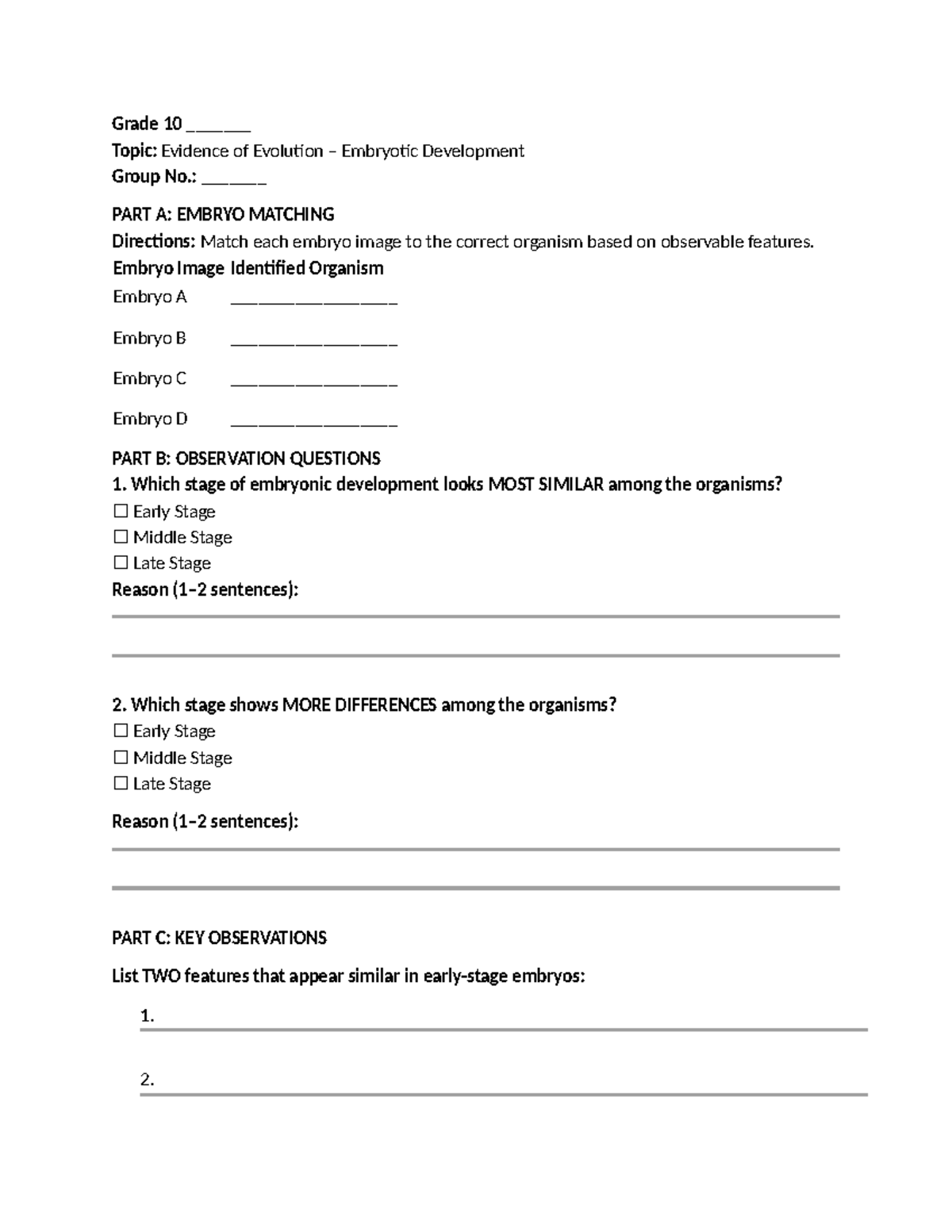 Worksheet - Grade 10 _______ Topic: Evidence of Evolution – Embryotic ...