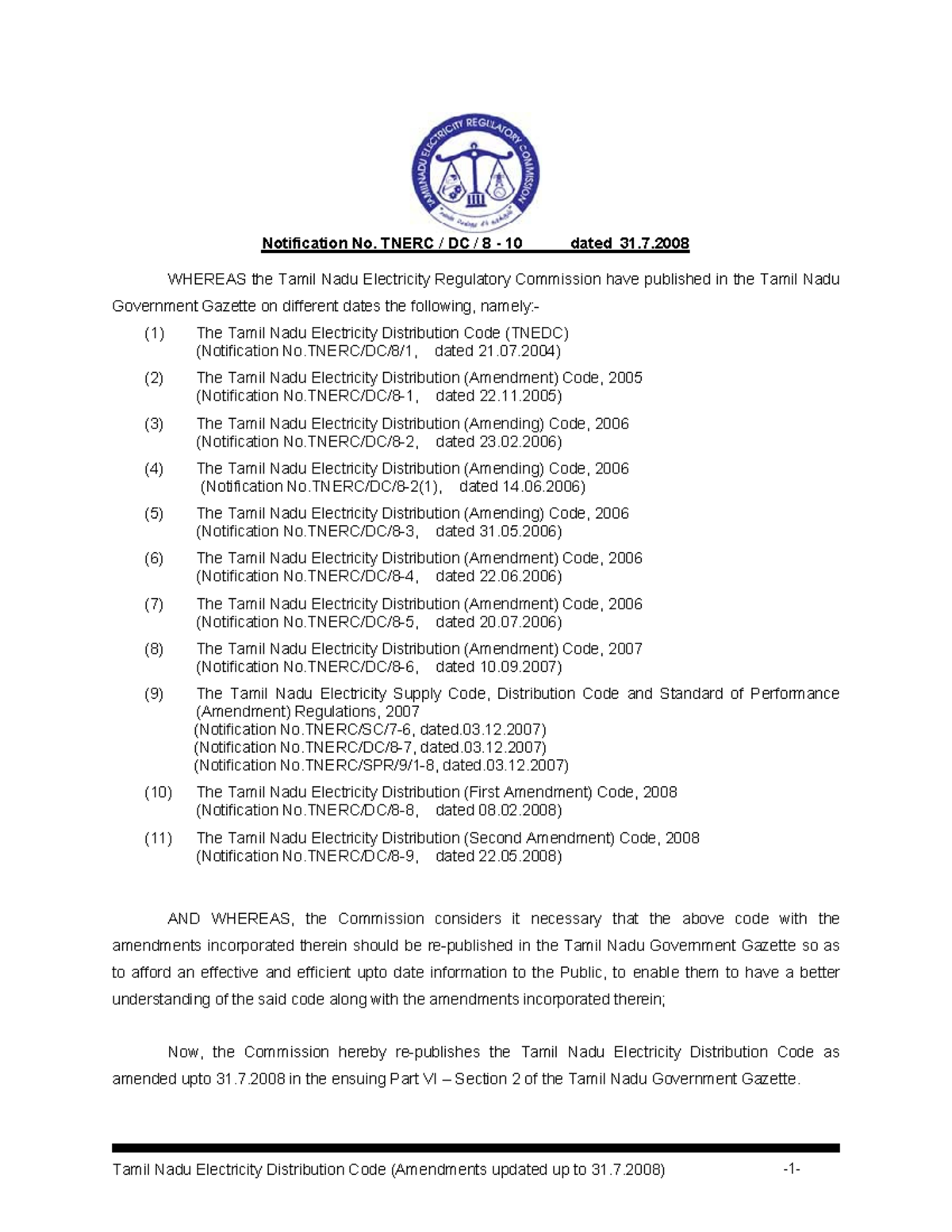 TN electricity distribution Code - Notification No. TNERC / DC / 8 - 10 ...