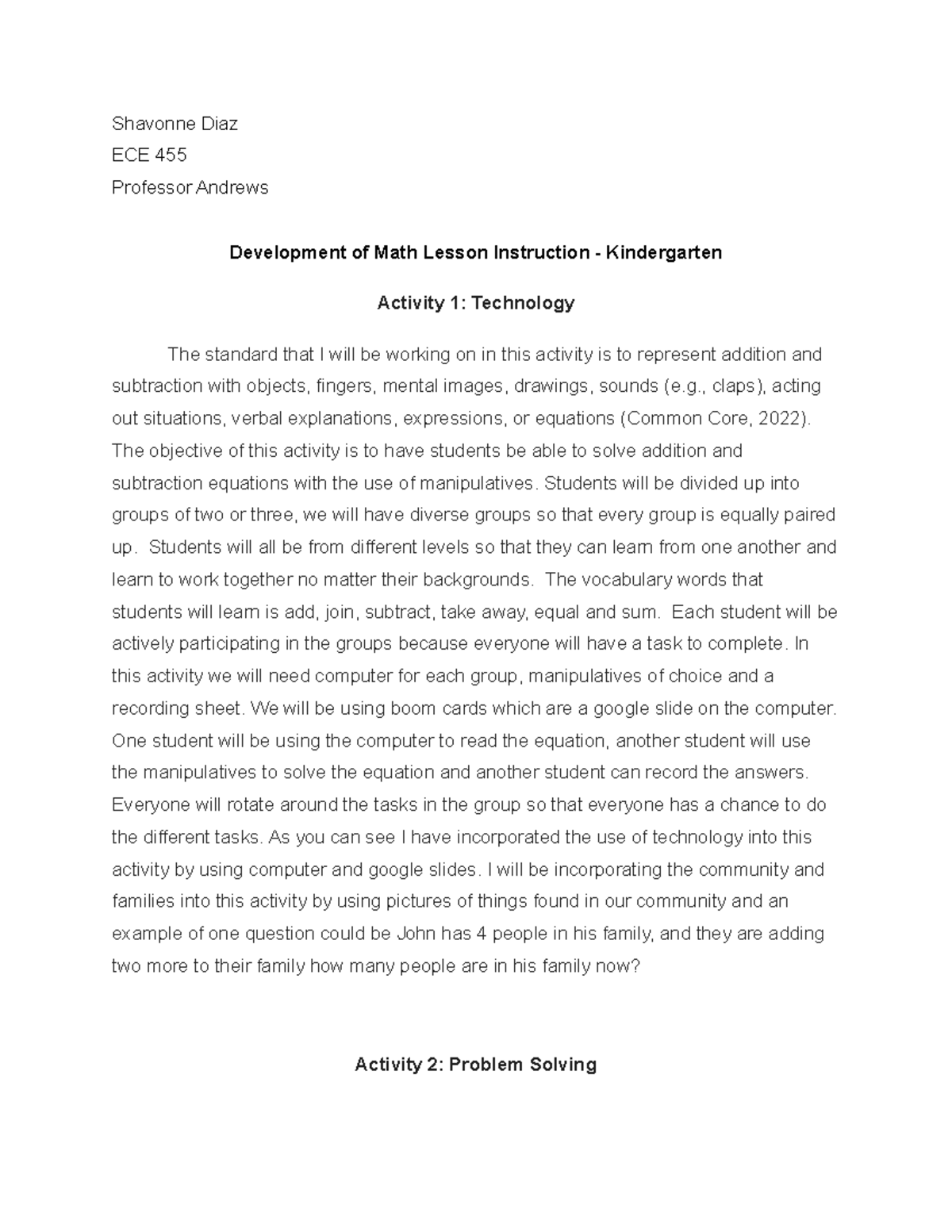 ECE 455 Development of Math Lesson Plans for Kindergarten - Studocu