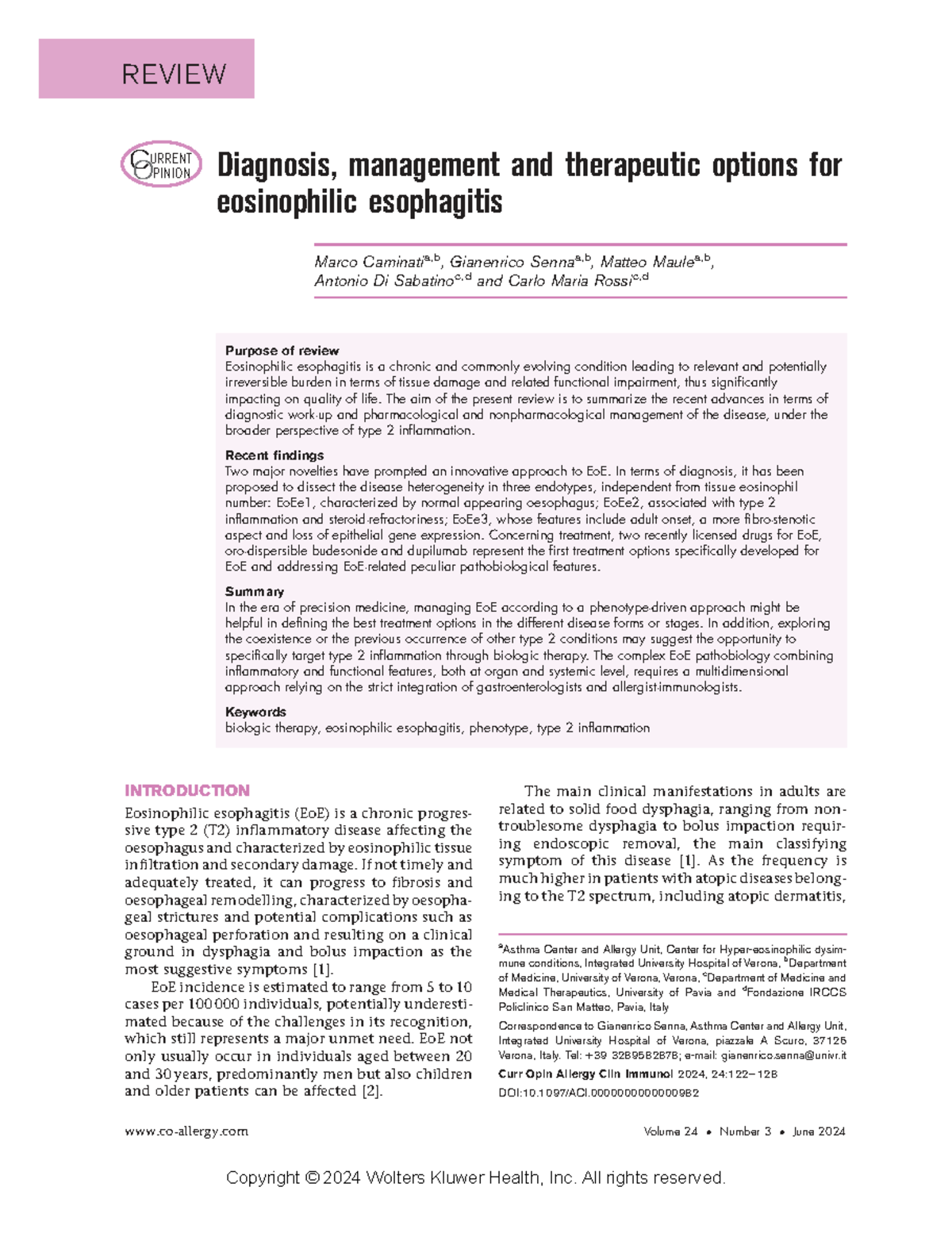Curr Opin Allergy Clin Immunol 2024: Eosinophilic Esophagitis Insights ...