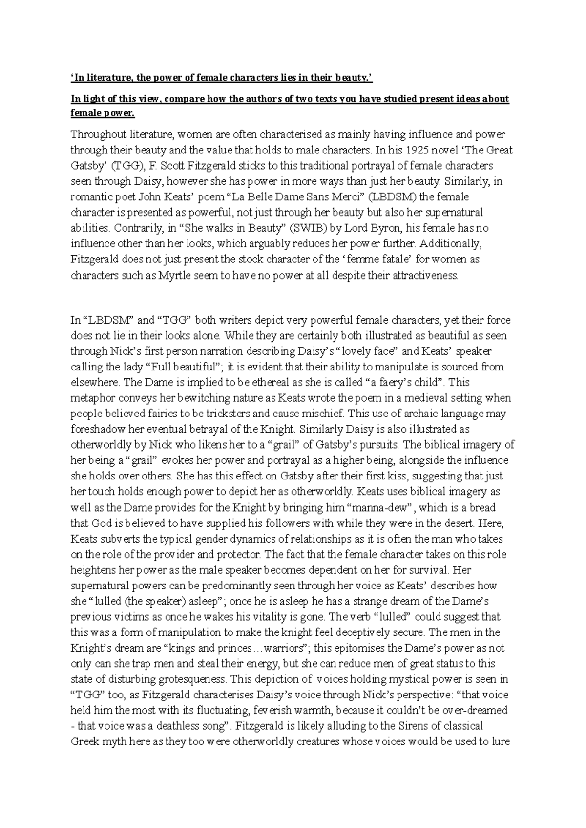 Female Power and Beauty in Literature: A Comparative Study (ENG 101 ...