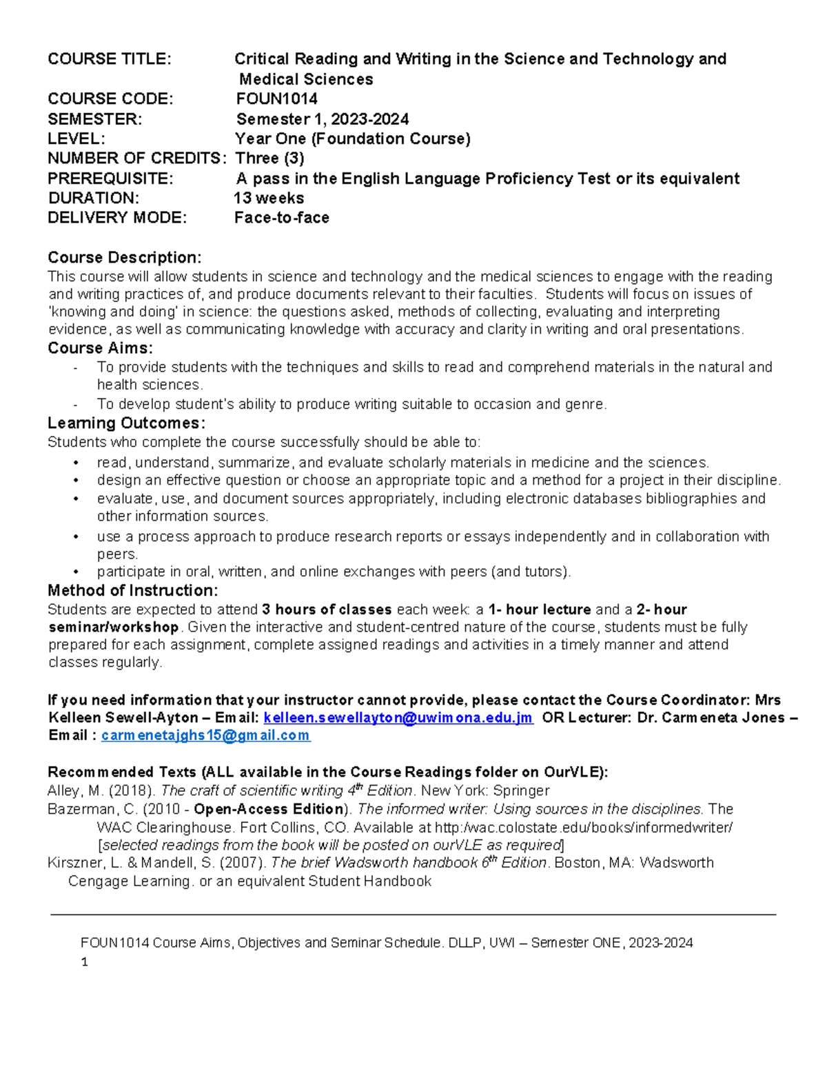 **FOUN1014 - Critical Reading and Writing Course Outline - Semester 1, 2023-2024** - Studocu