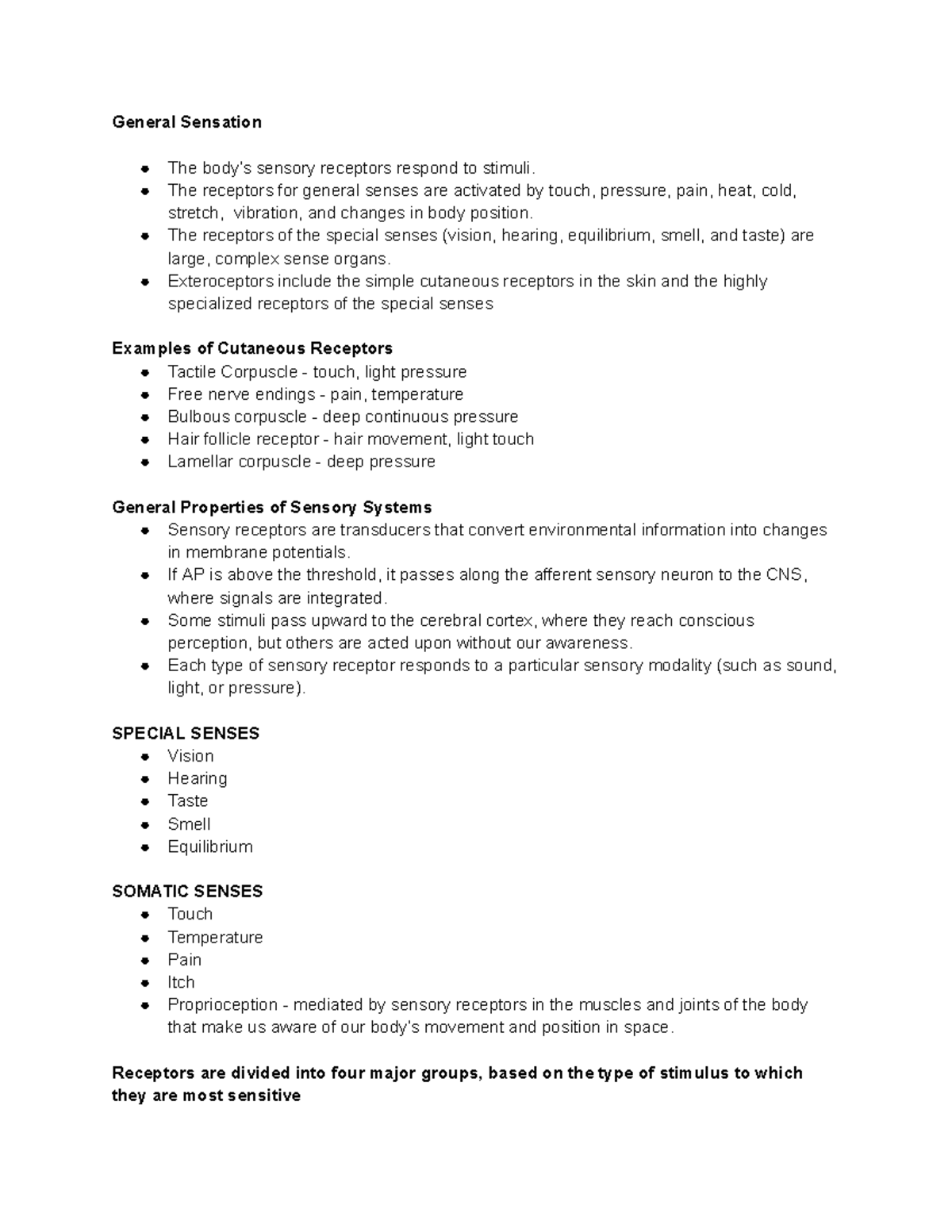 Receptor Types and Sensory Dynamics - Lecture Notes (BIOL 101) - Studocu
