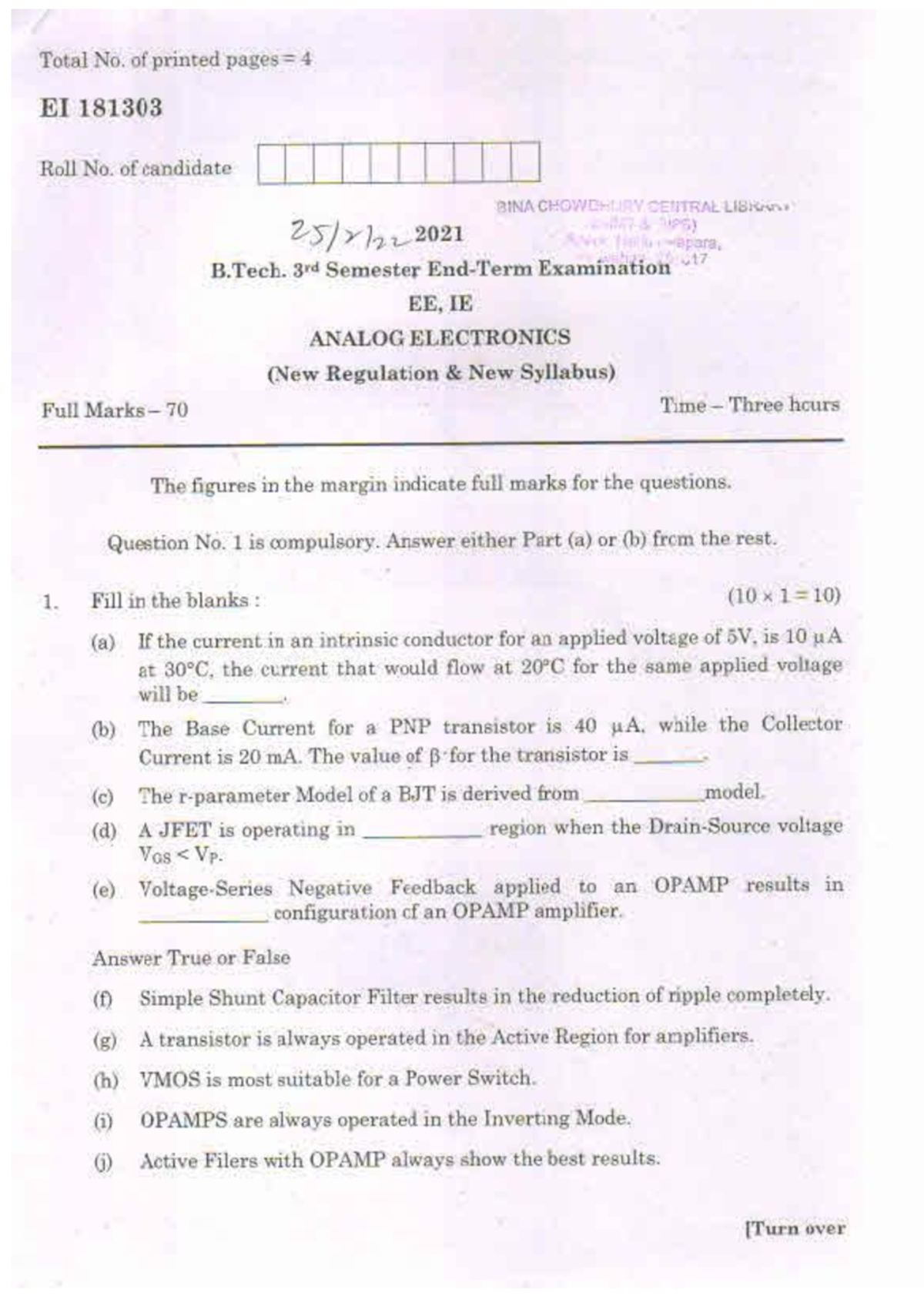 Analog Electronics EI 181303 B.Tech 3rd Sem Exam Questions - Studocu