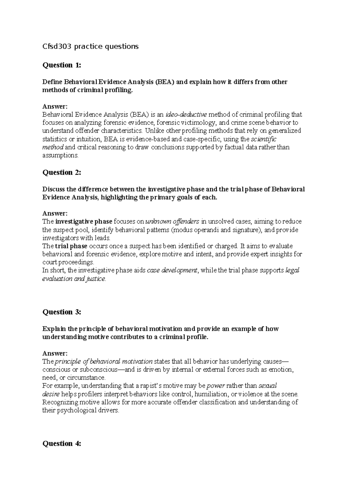 CFSD303 - Behavioral Evidence Analysis Practice Questions - Studocu