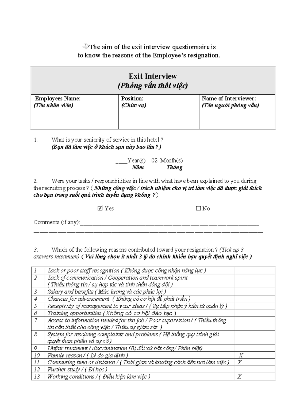 Exit Interview Questionnaire Template for Employee Resignation - Studocu