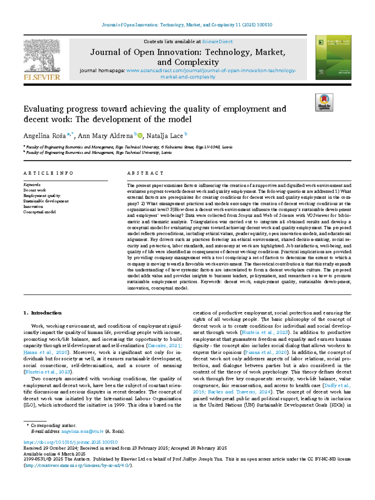 Evaluating Decent Work and Employment Quality: A Conceptual Model (JOI ...