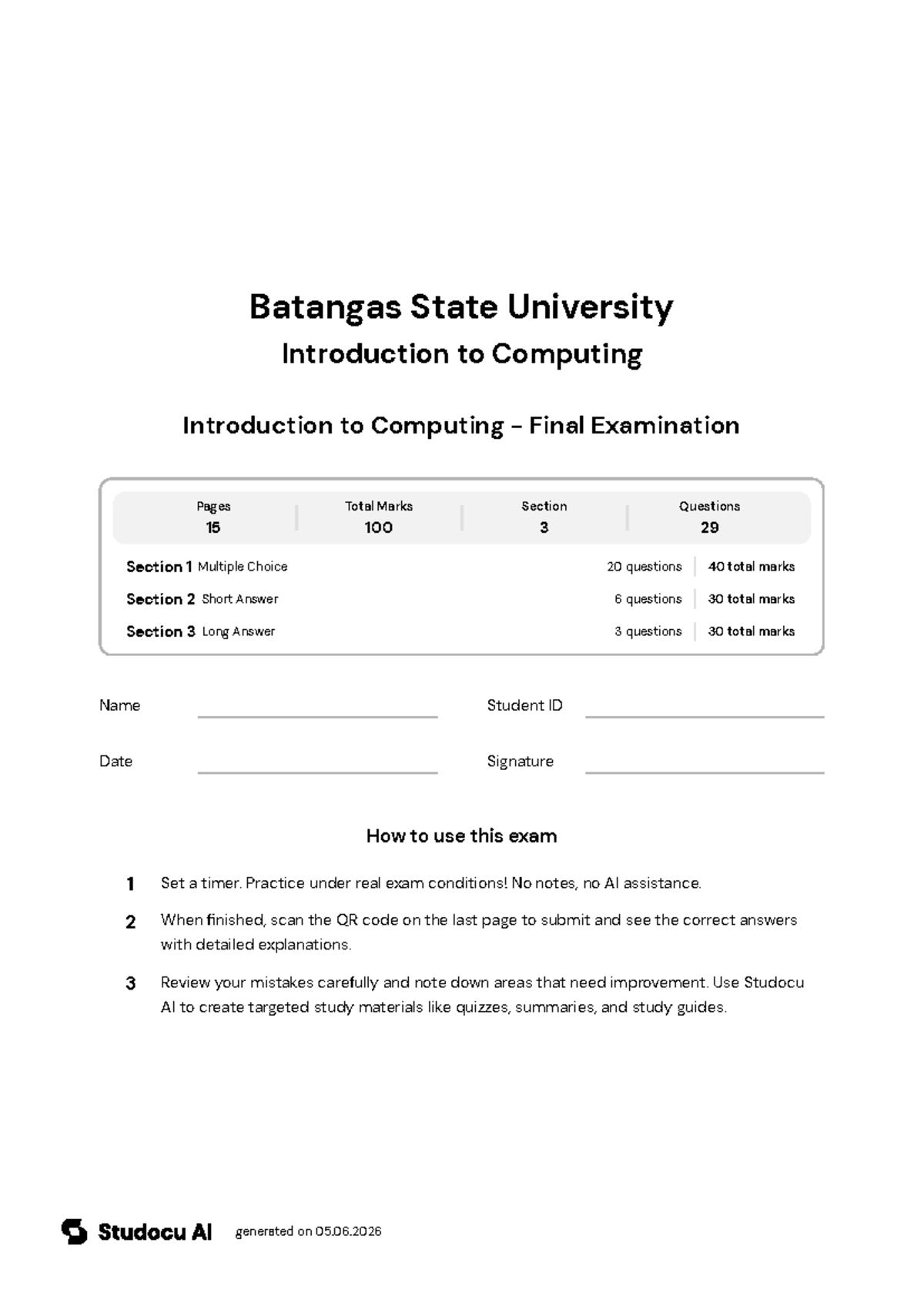 Introduction to Computing - Final Examination - Studocu