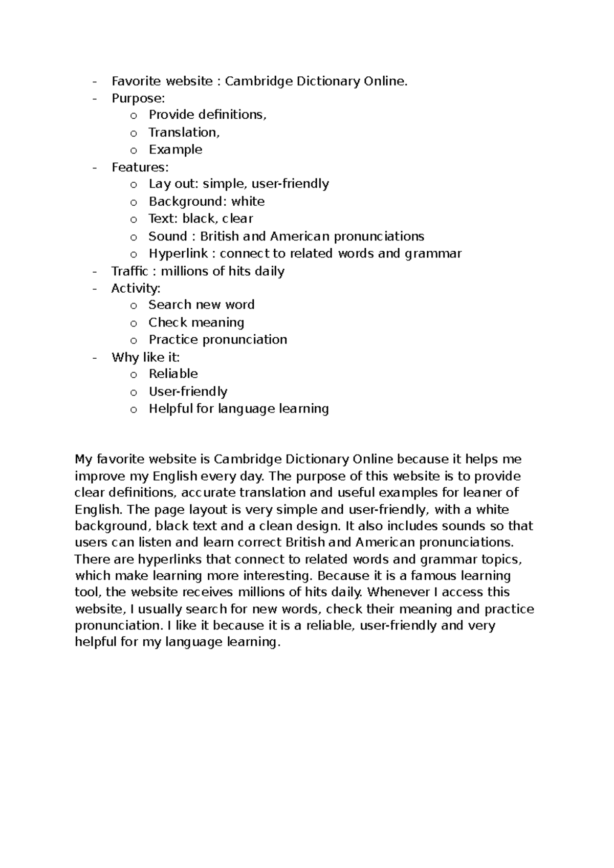 Favorite Website Review: Cambridge Dictionary Online (Writing-U3) - Studocu