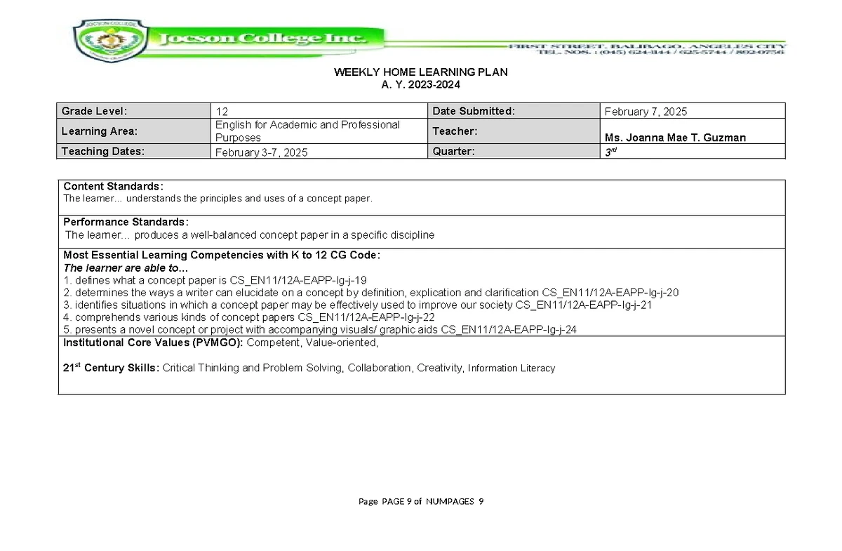 Q4 W6 Weekly Home Learning Plan for English for Academic and ...