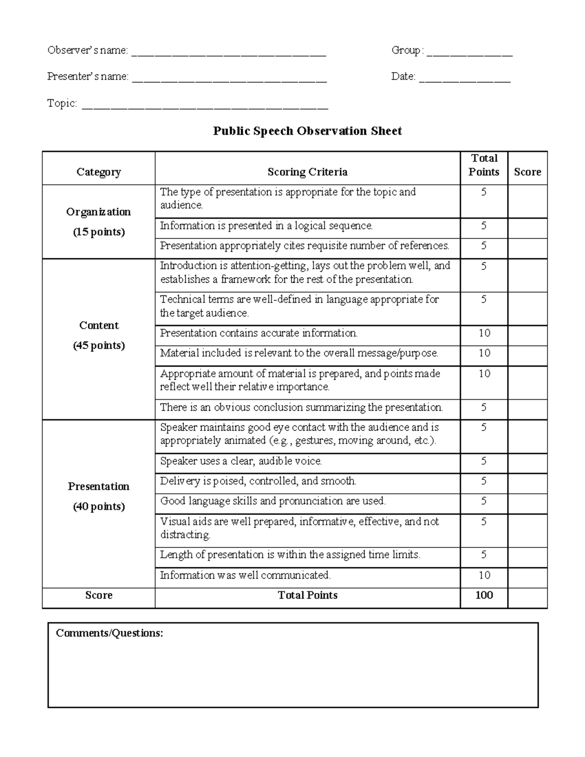 Public Speech Observation Sheet: Scoring Criteria & Evaluation Guide - Studocu