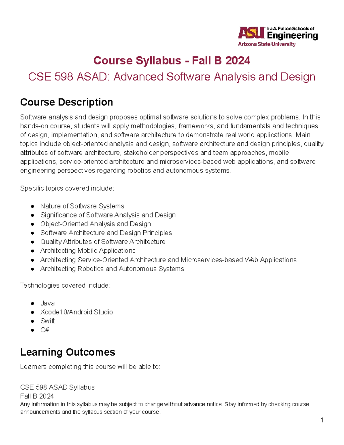 CSE 598 ASAD Syllabus Overview for Fall B 2024 Coursework - Studocu