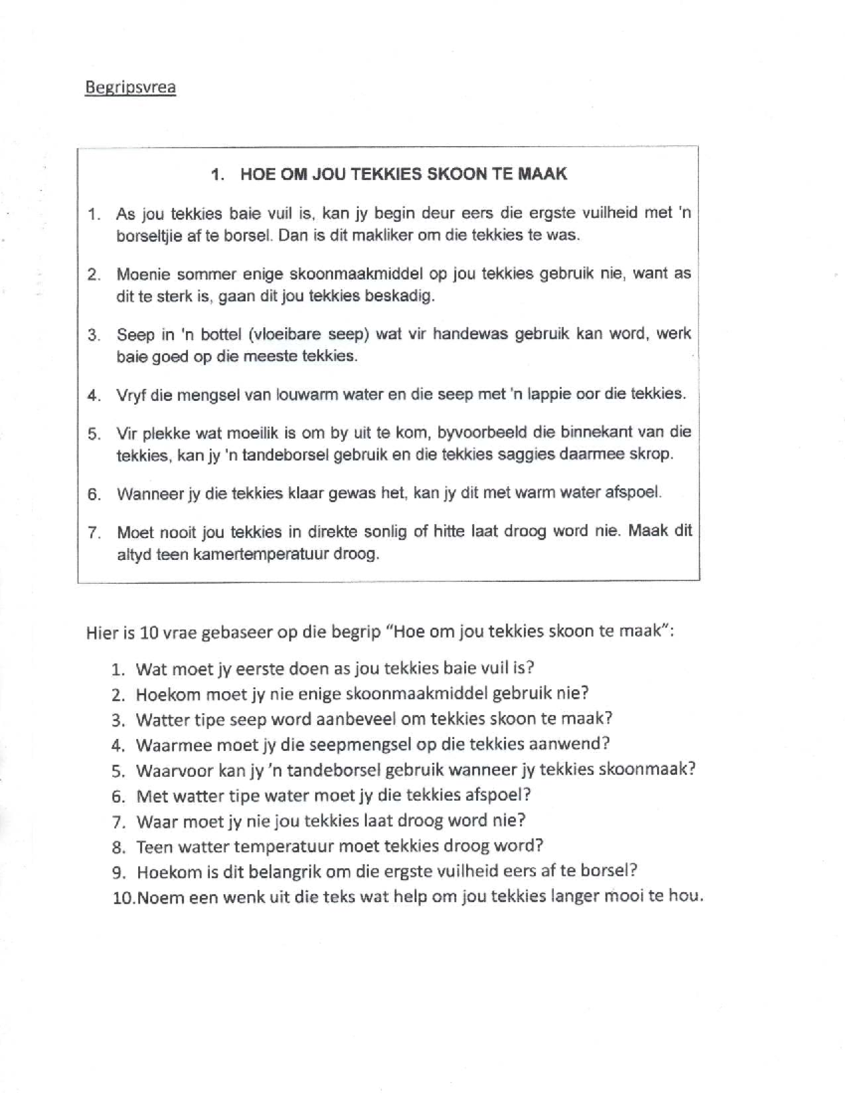 Begripsvrae 1: Hoe om Jou Tekkies Skoon te Maak - Studocu