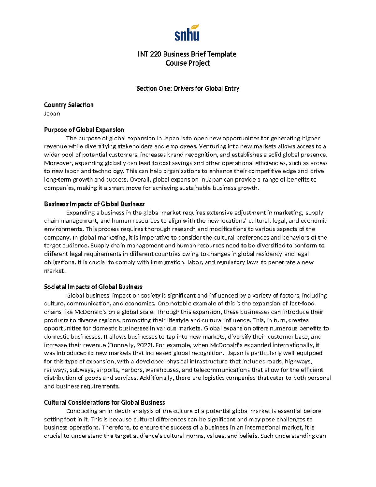 INT 220 Business Brief Course Project - Mary SMith - INT 220 Business ...
