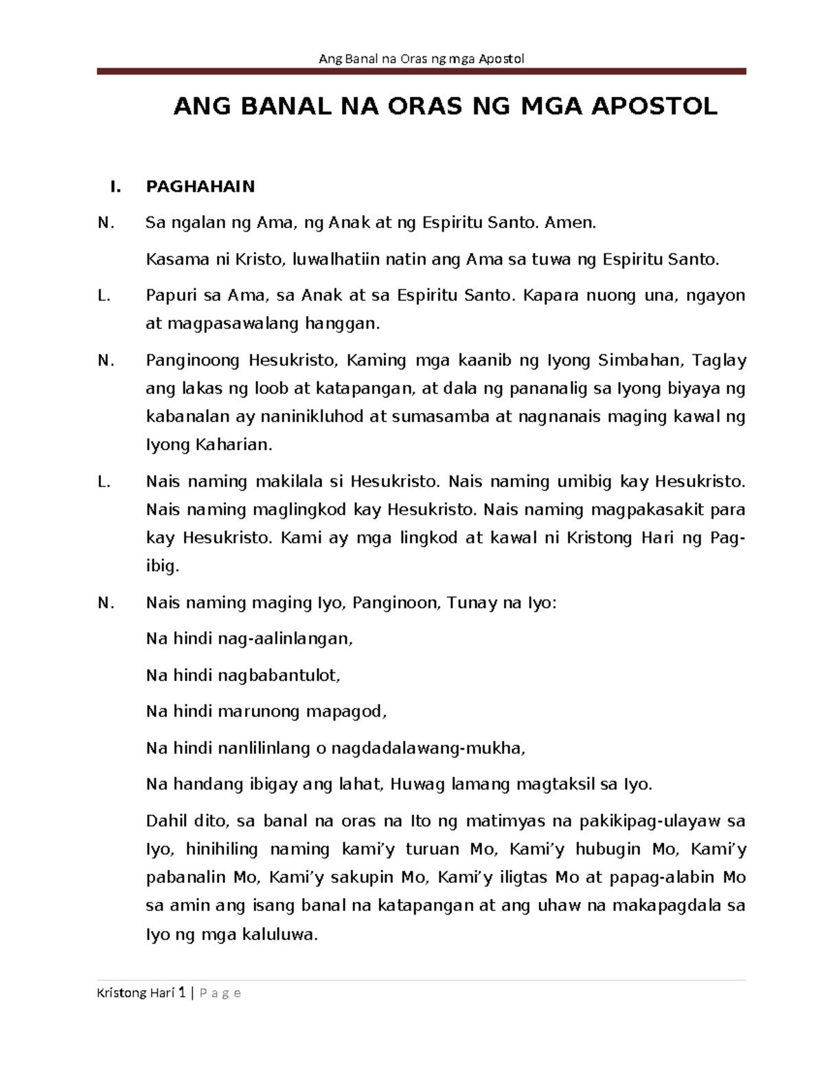 ANG BANAL NA ORAS NG MGA APOSTOL: Isang Panalangin at Pagsamba - Studocu