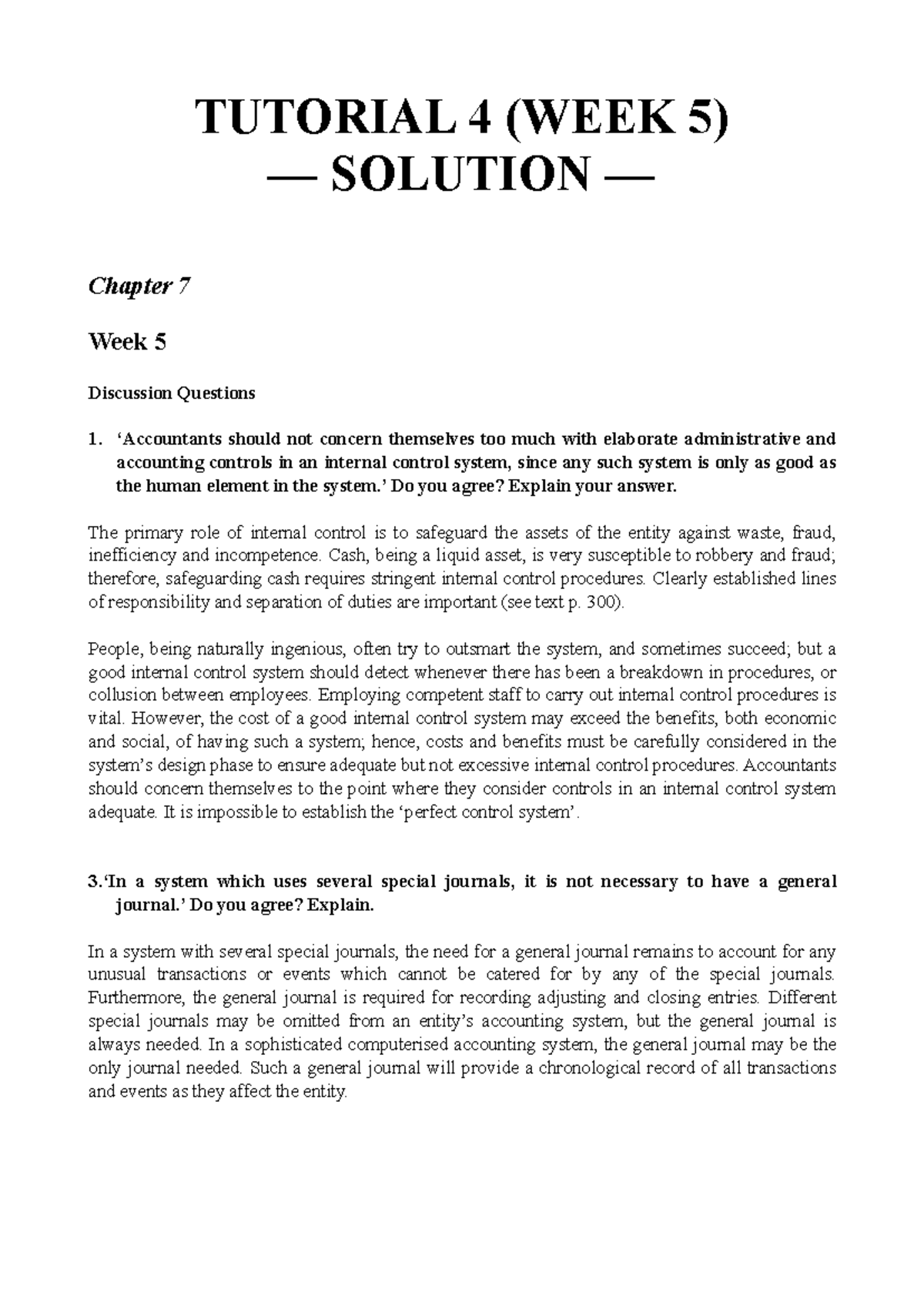 Tutorial 4 (Week 5) Solutions: Internal Controls & Journals Analysis ...