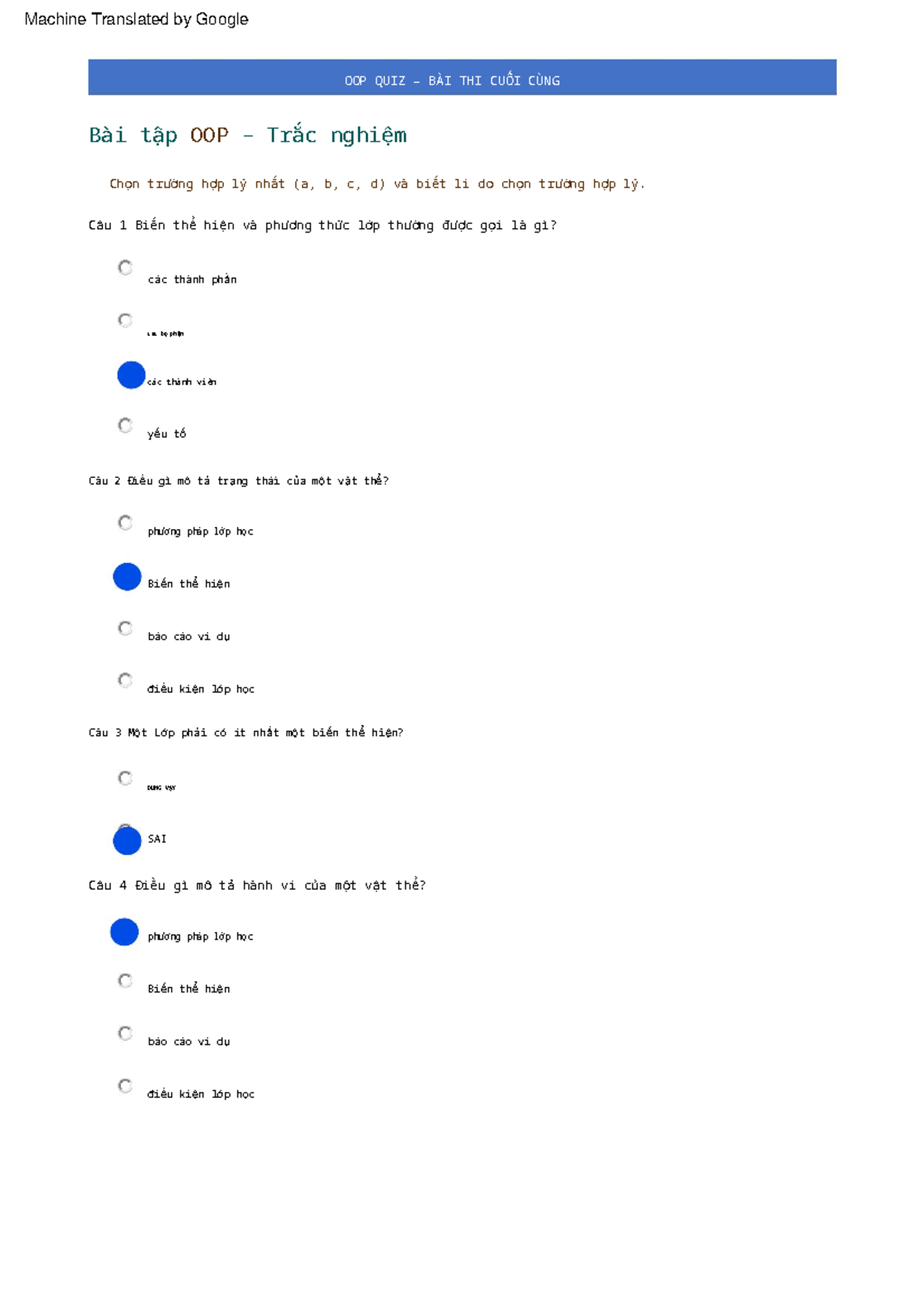 OOP QUIZ – BÀI THI CUỐI CÙNG (TẬP TRẮC NGHIỆM) May 02 2024 - Studocu