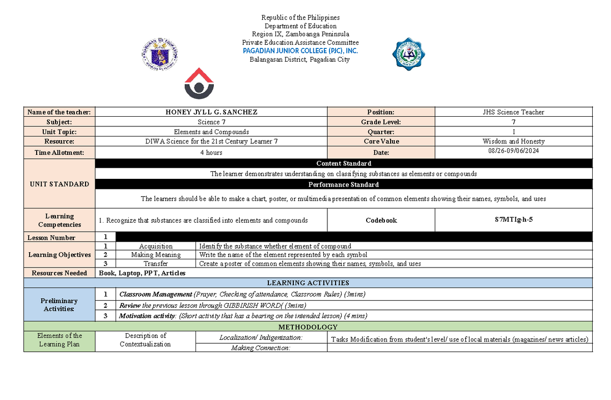 Science 7 Lesson Plan: Elements and Compounds (3-Week Plan) - Studocu