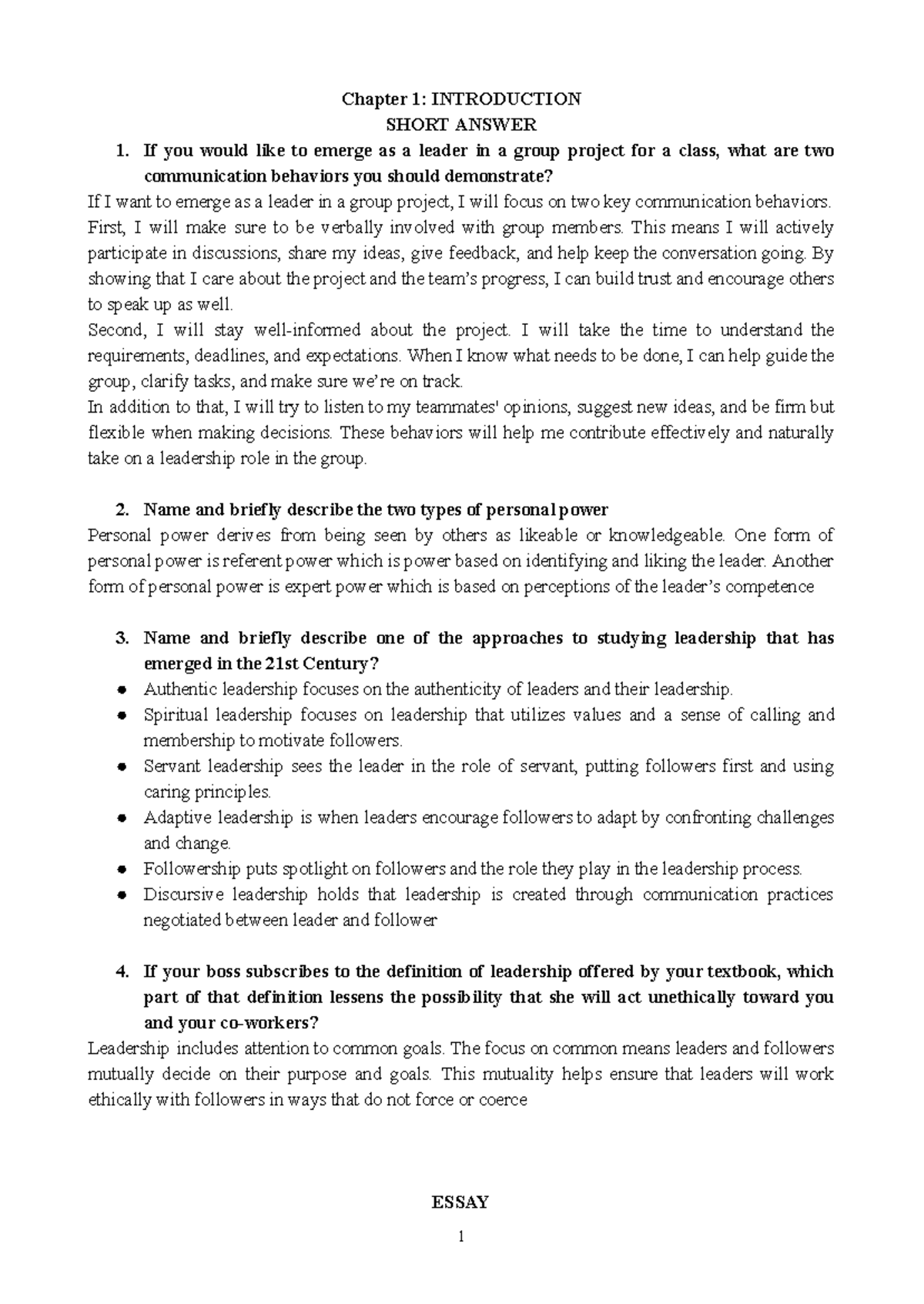 Leadership (Course Code: LEAD 101) - Chapter 1: Introduction to ...