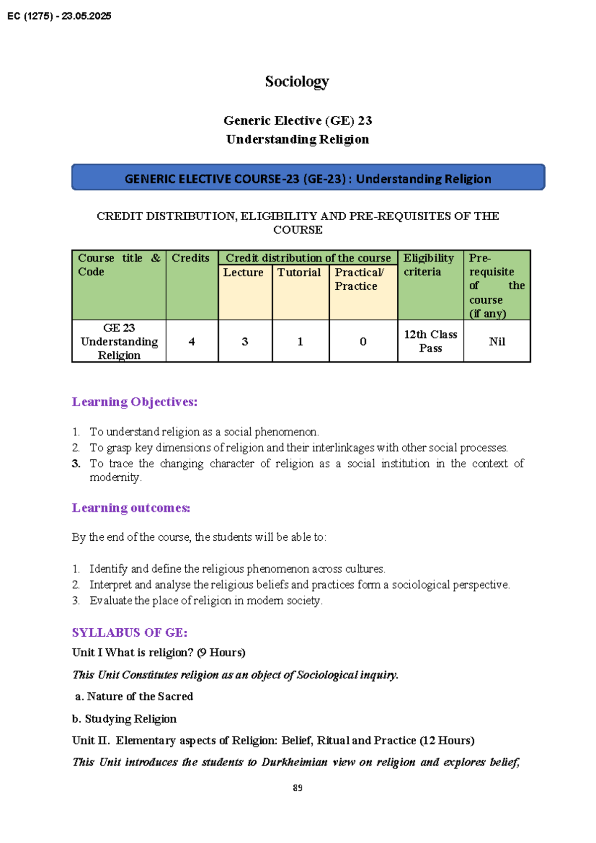 EC (1275) 23: GE 23 Understanding Religion Course Overview and Syllabus ...