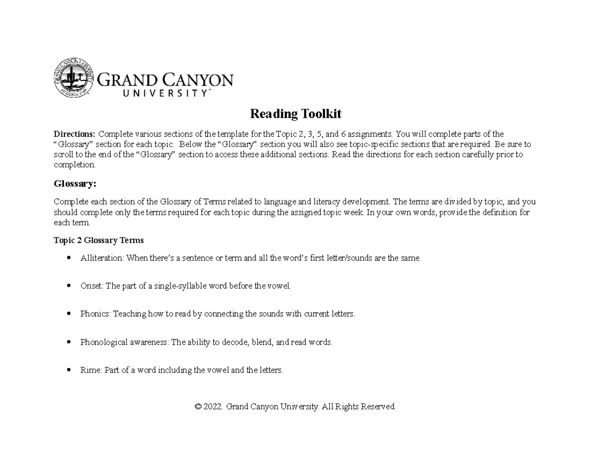 Reading Toolkit - Reading Toolkit Directions: Complete various sections of the template for the ...