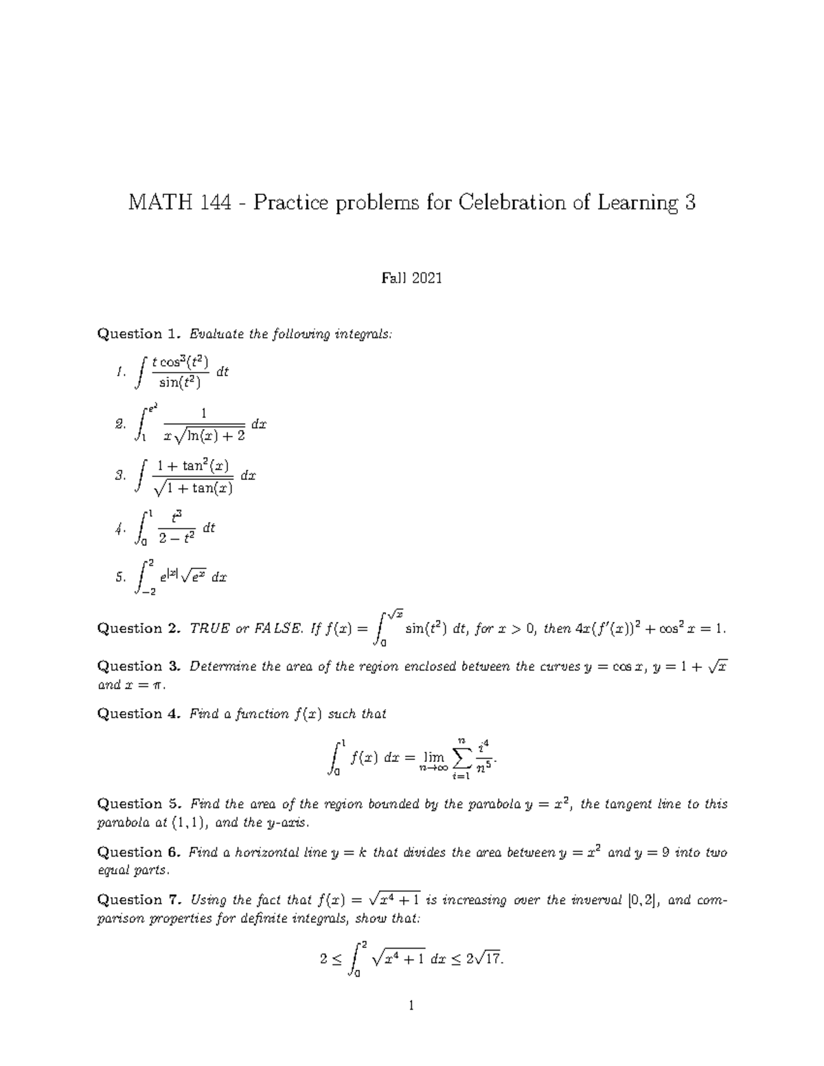 Practice problems quiz 3 - MATH 144 - Practice problems for Celebration ...