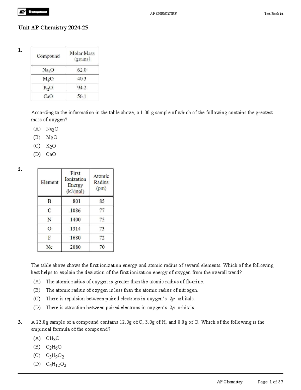 Unit 1 AP Chemistry 2024-25 College Board Test Questions - Studocu
