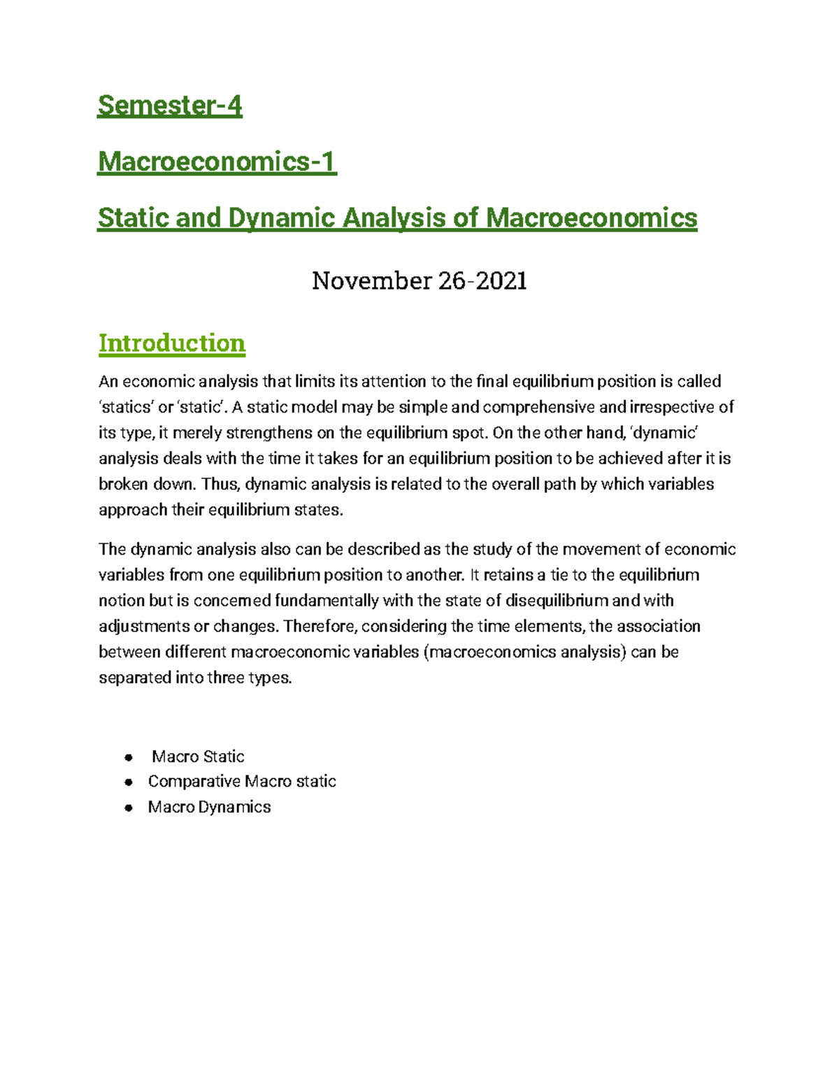 Class Notes for Macro Economics: Static vs Dynamic Analysis - Studocu