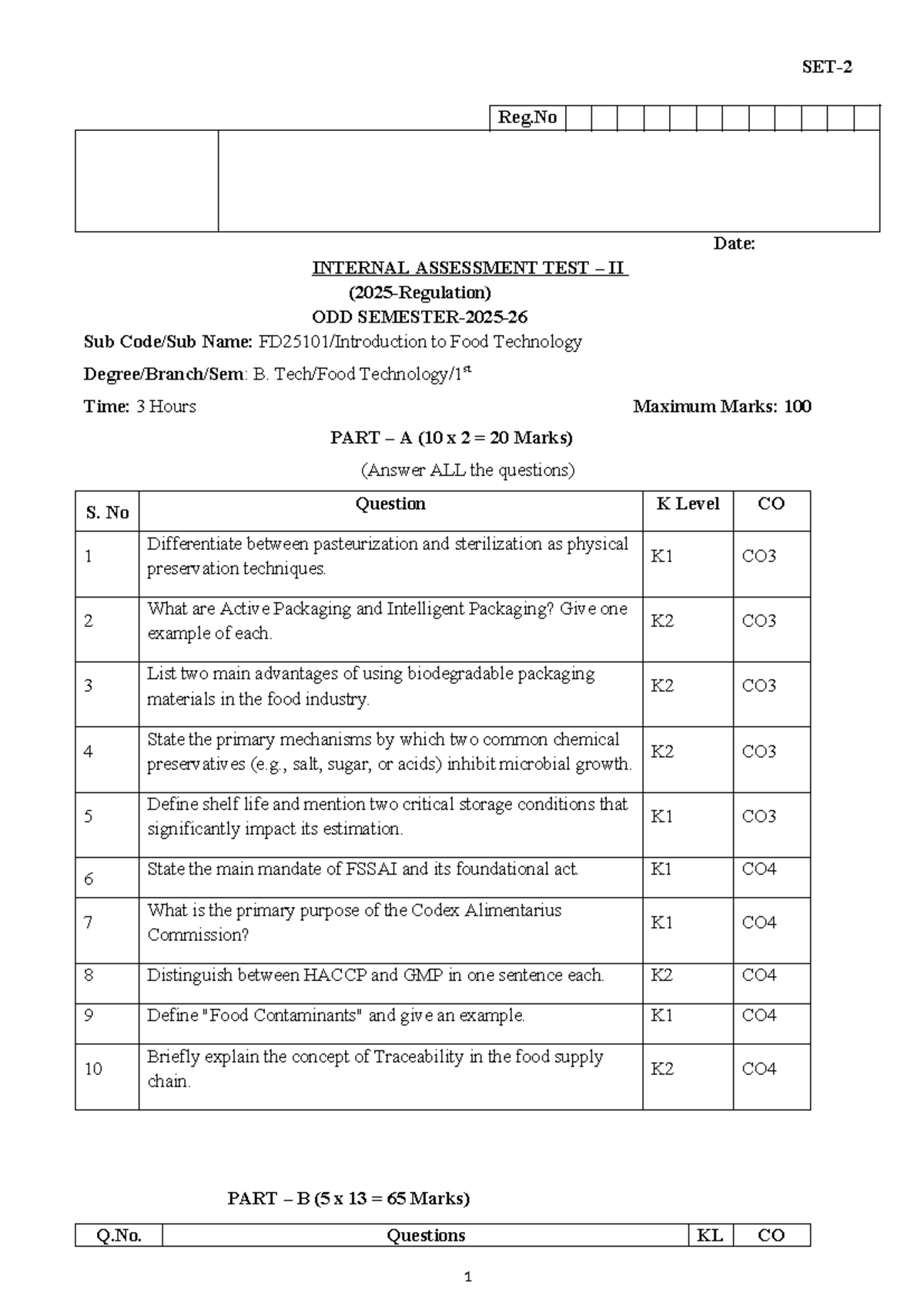 IAT2 Food Technology Internal Assessment Test II - Question Paper - Studocu