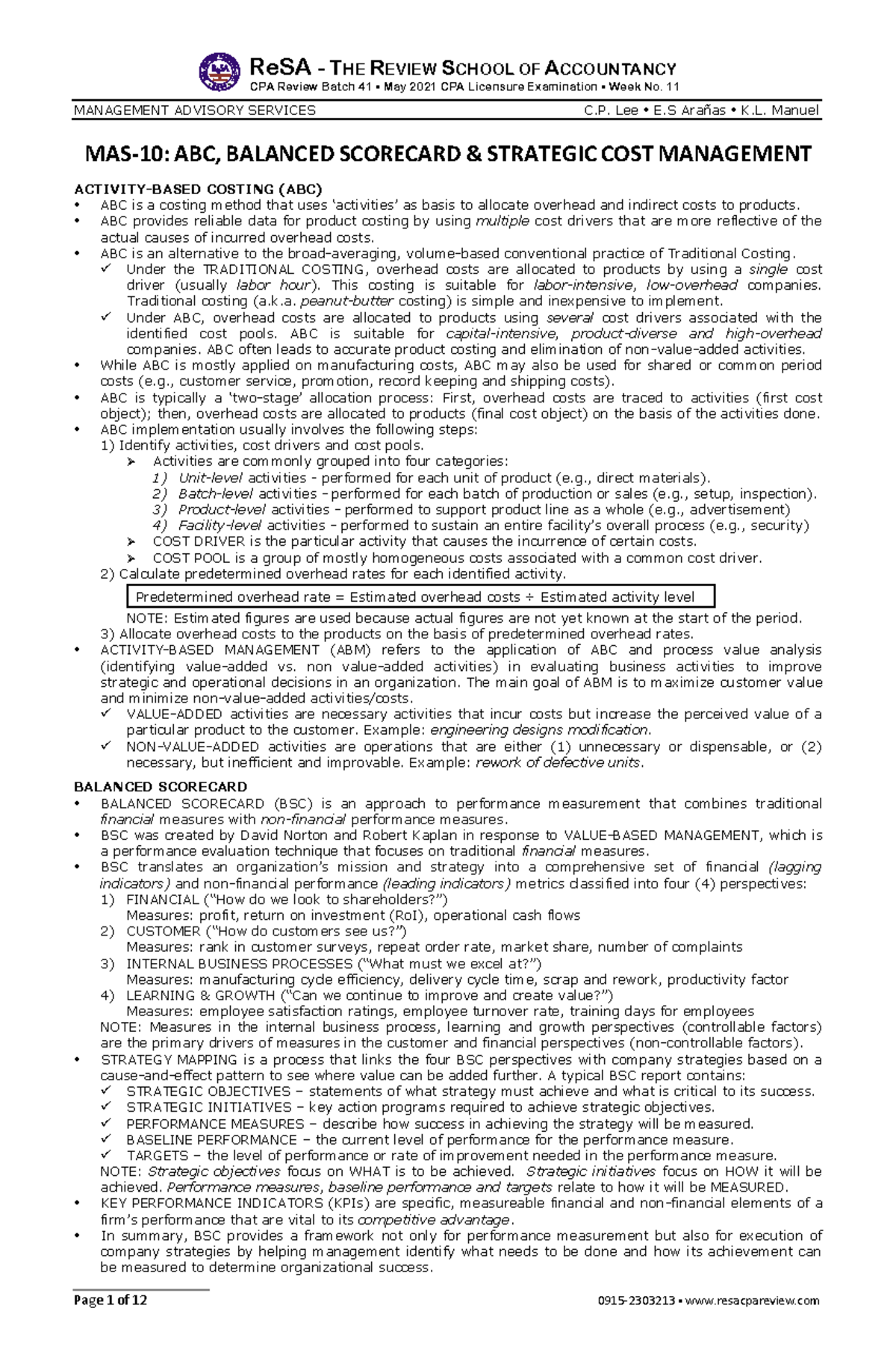 MAS-10: Study Guide on ABC, Balanced Scorecard & Strategic Cost ...