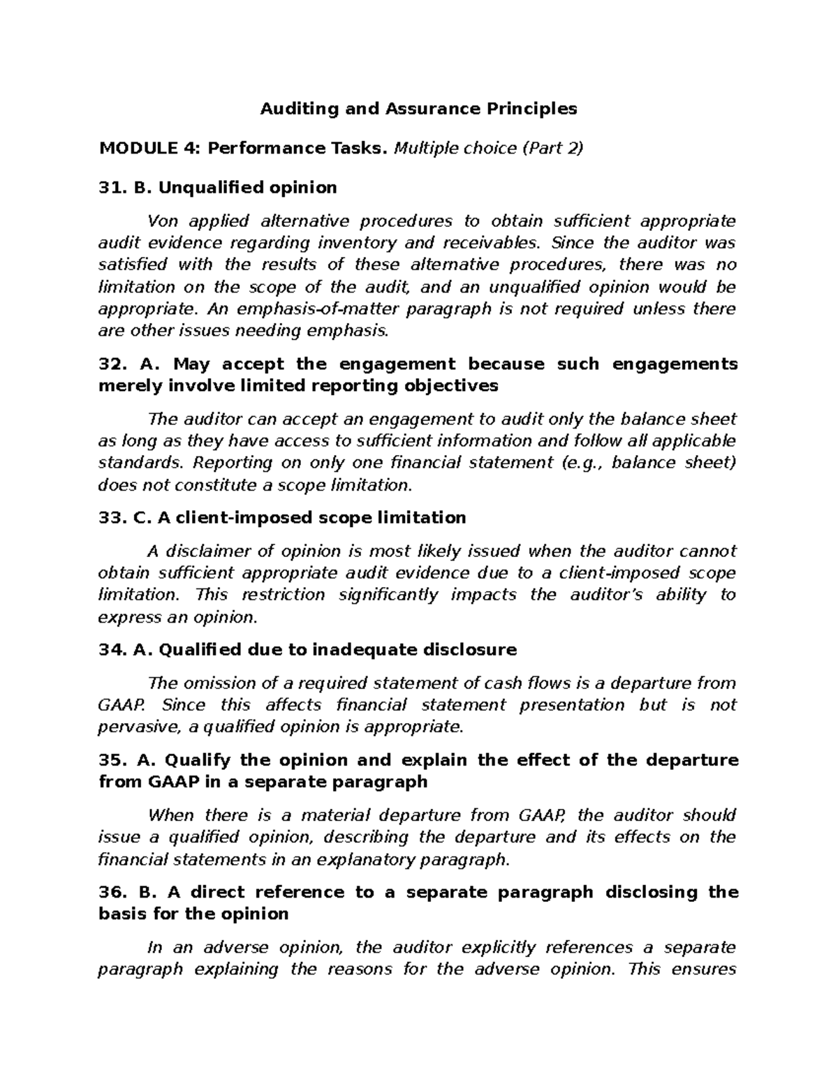 Auditing & Assurance Principles: Module 4 Performance Tasks Notes - Studocu