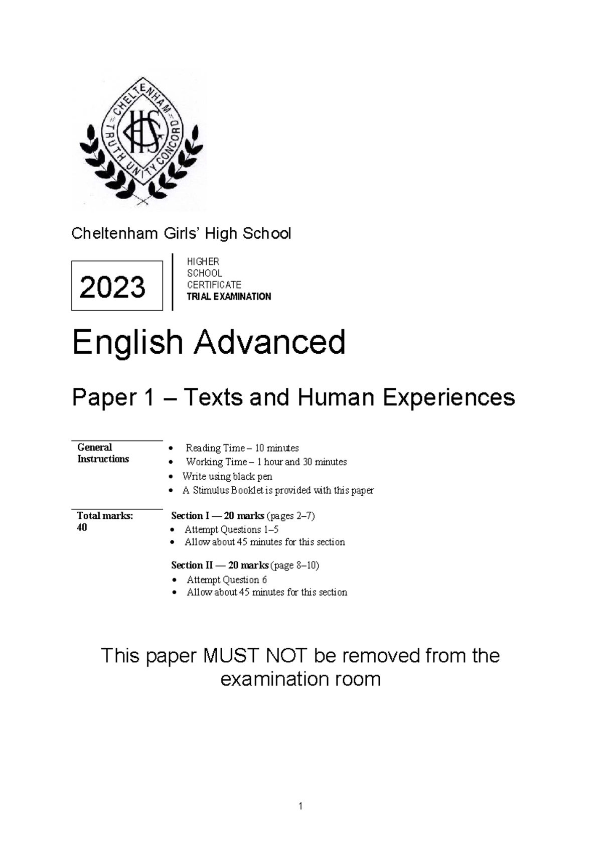 Cheltenham High School 2023 HSC Trial Exam: English Adv Paper 1 ...