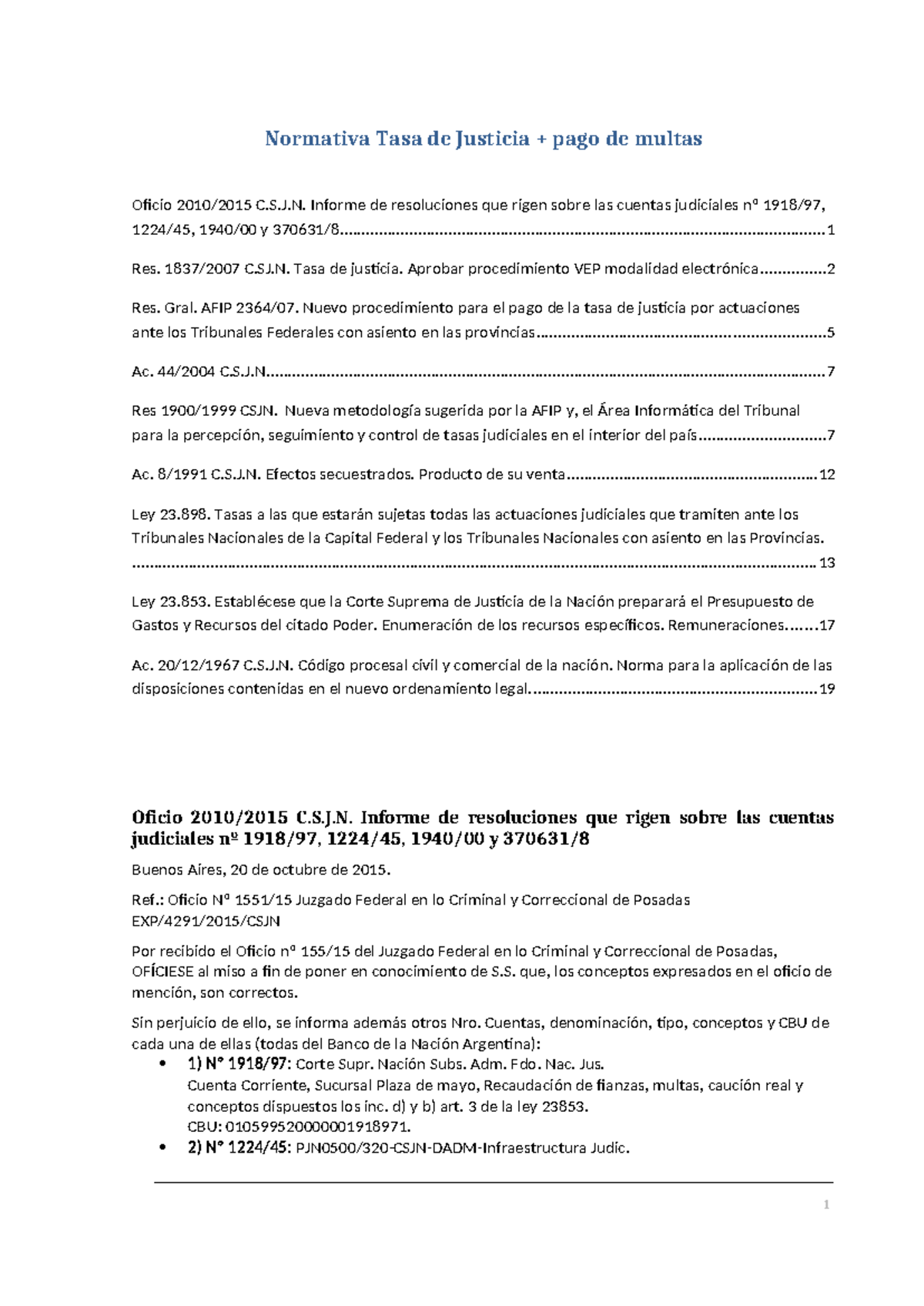 Normativa sobre el Pago de Tasa de Justicia y Multas - Res. C.S.J.N. - Studocu