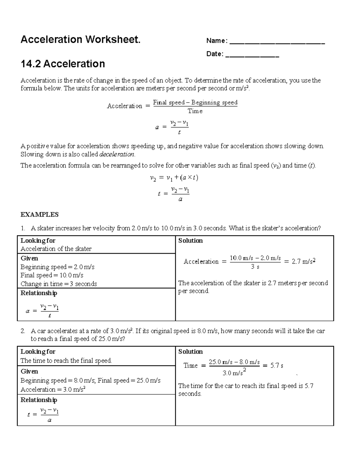 Acceleration Worksheet for Physics (PHYS 101) - Studocu