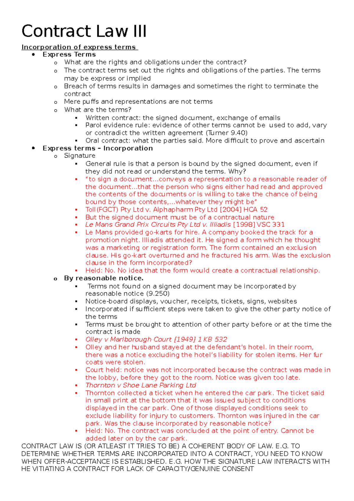 Contract Law III - Incorporation of Express Terms and Implications ...