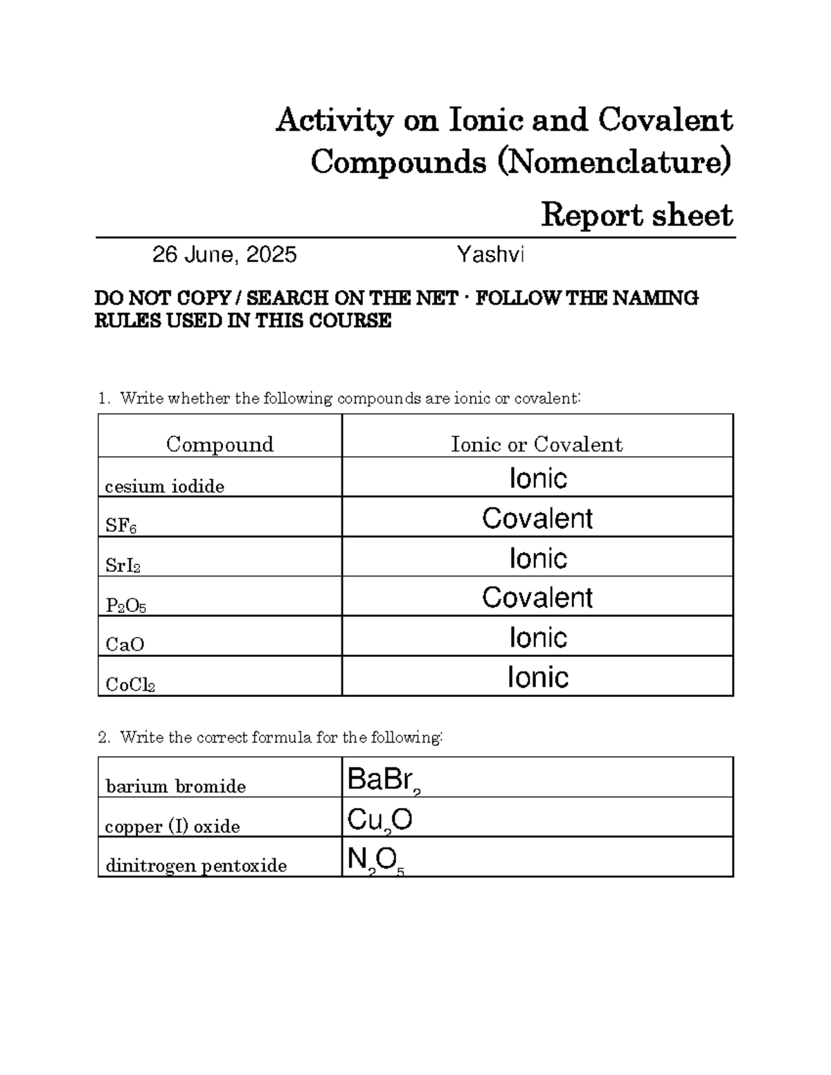 Ionic and Covalent Compounds Activity Report Sheet (Nomenclature) - Studocu