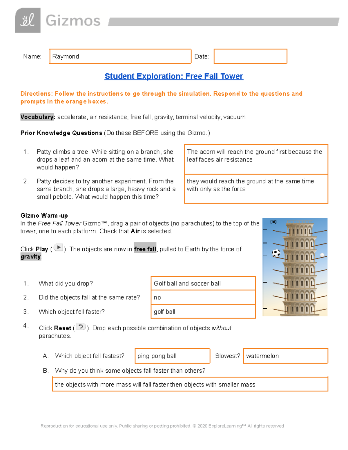 Free Fall Tower Simulation Activities - Raymond Porras - Studocu