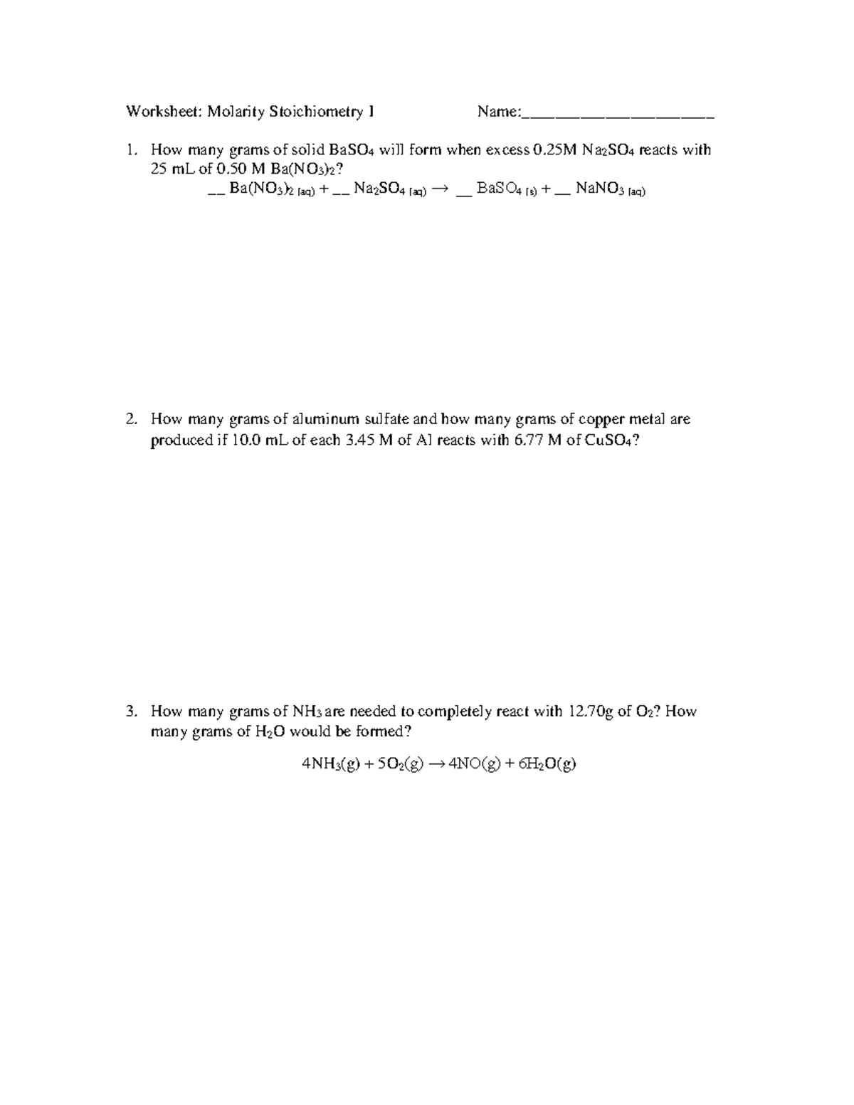 Worksheet: Molarity Stoichiometry I - Problem Set 1 - Studocu