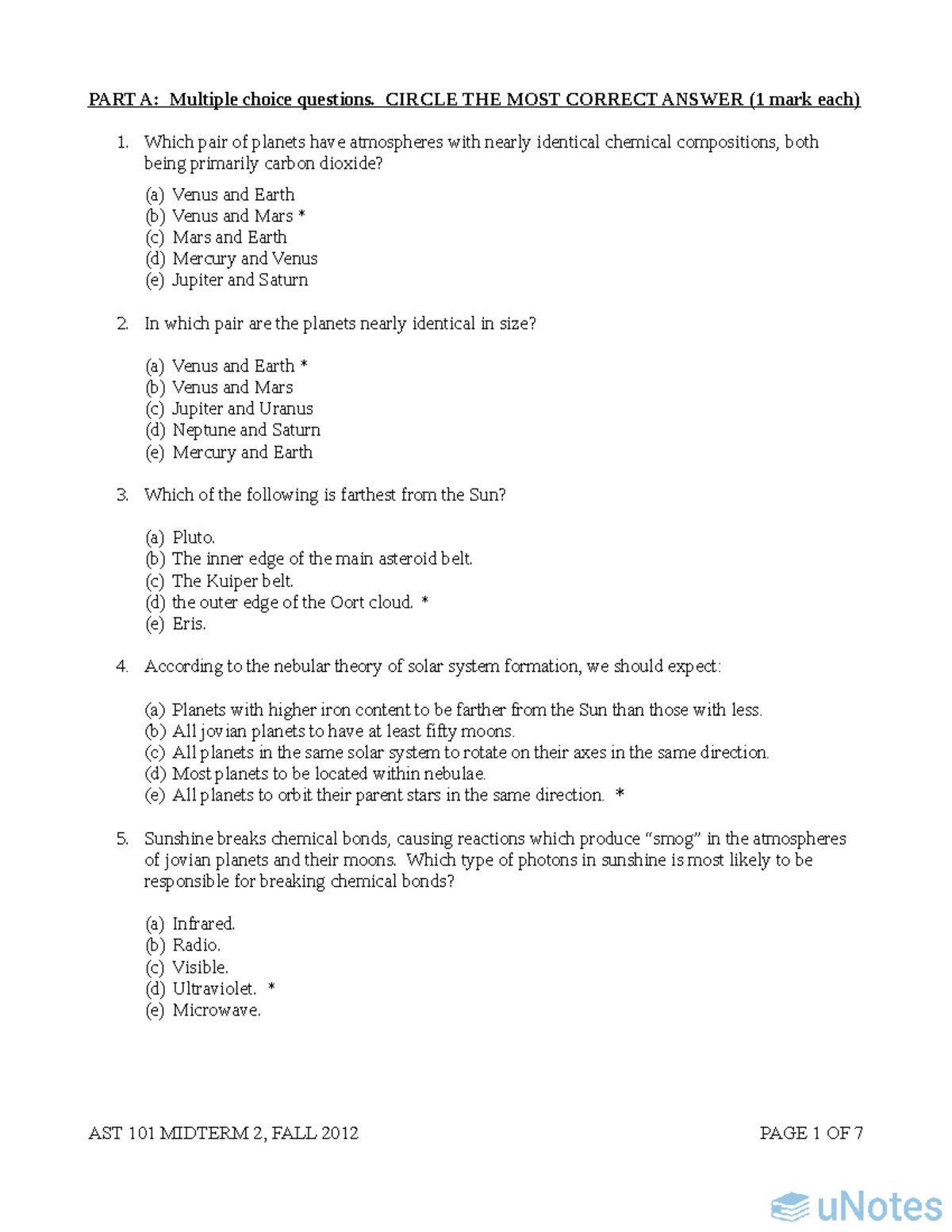 AST 101 MIDTERM 2 FALL 2012: Solutions to Multiple Choice & Short ...