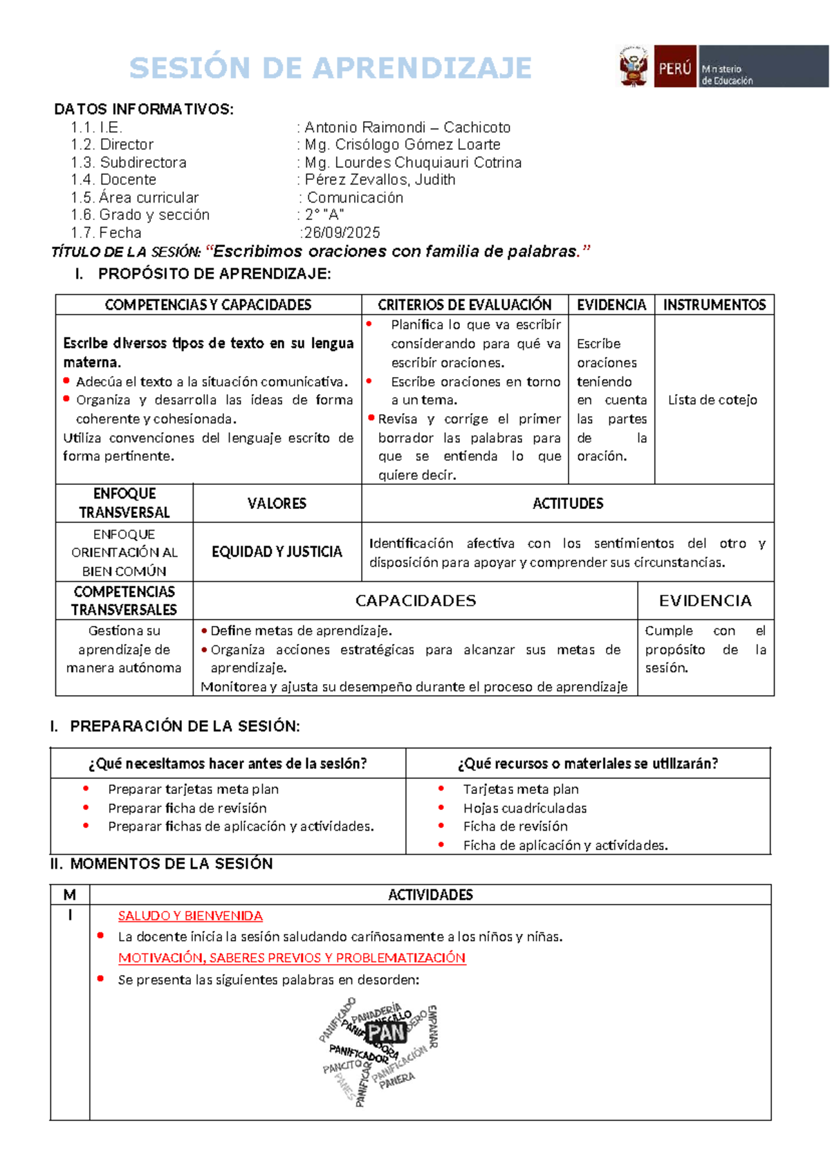 SESION DE APRENDIZAJE: ESCRITURA DE ORACIONES CON FAMILIA DE PALABRAS ...