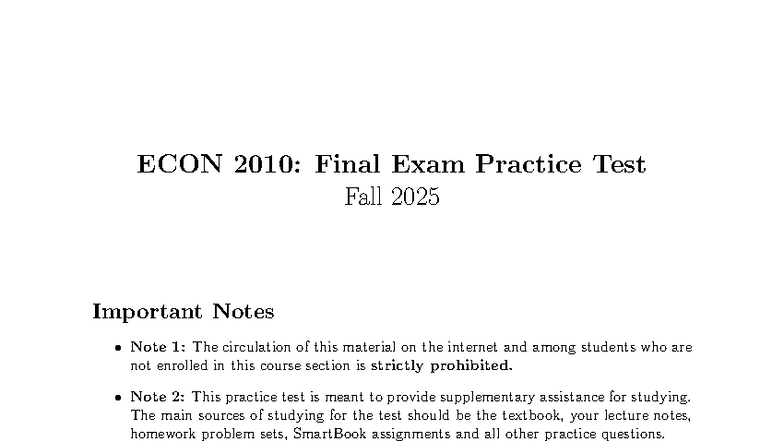 Fall 2025 ECON 2010: Final Exam Practice Test & Study Guide - Studocu
