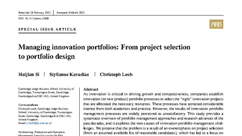 Managing Innovation Portfolios: From Project Selection to Design (POMS ...