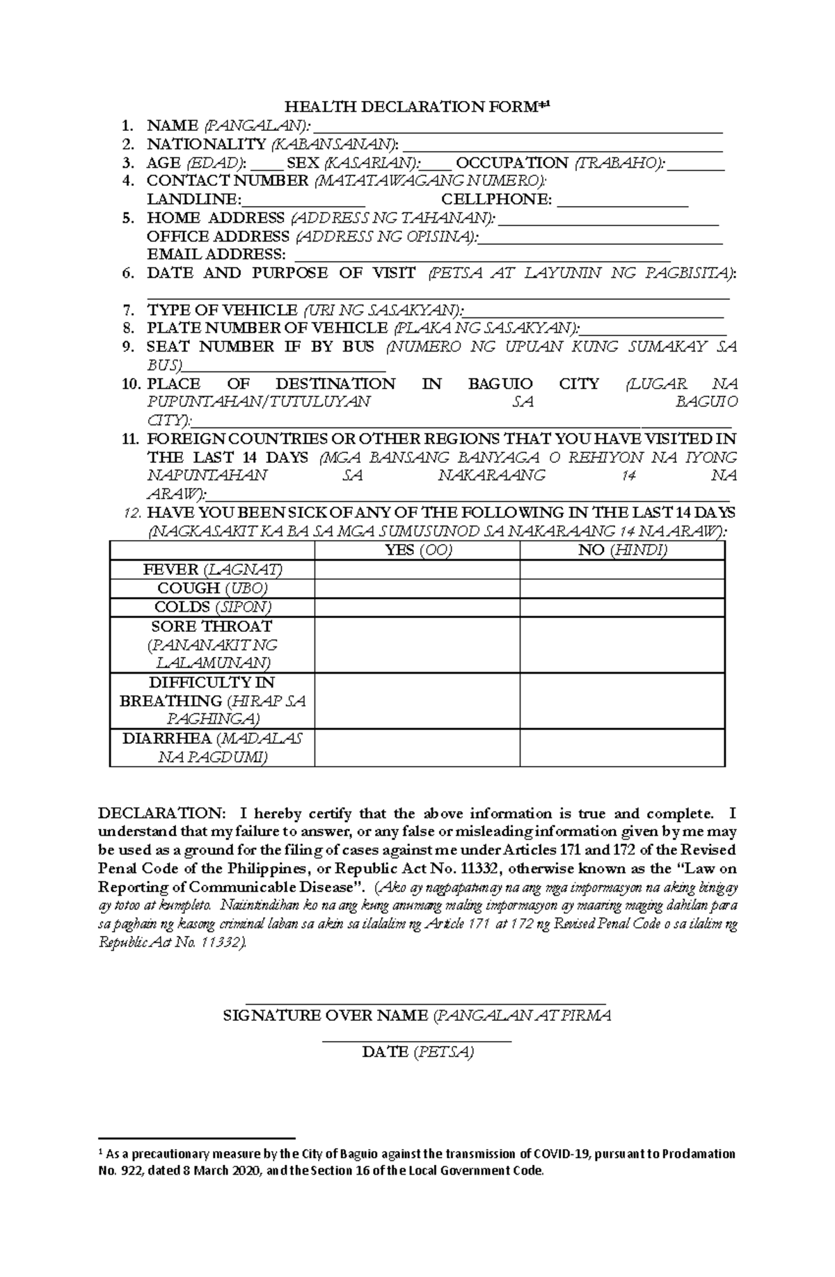 Health Declaration Form for COVID-19 Precautionary Measures - Studocu
