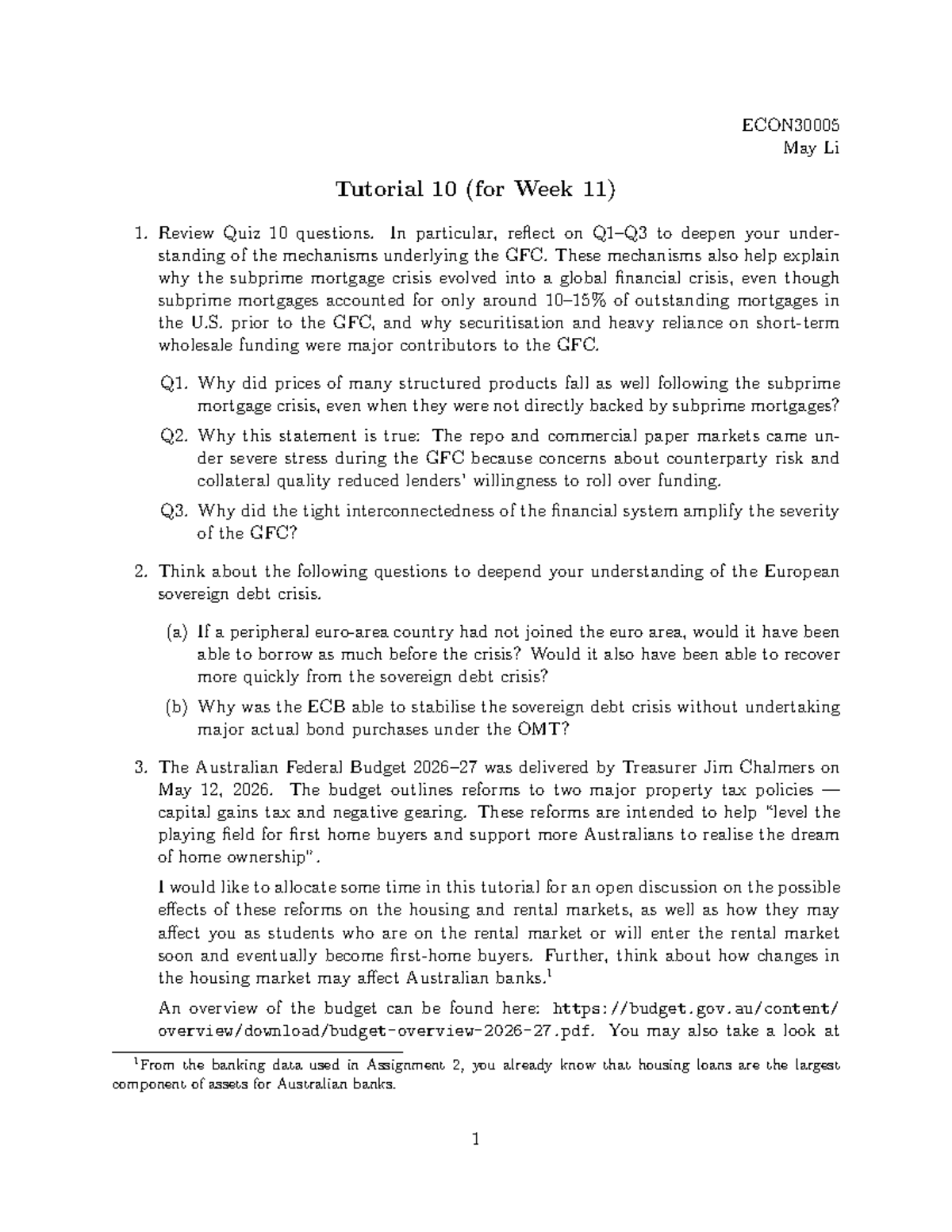 Tutorial 10 (Week 11) Review: GFC & European Debt Crisis Insights - Studocu