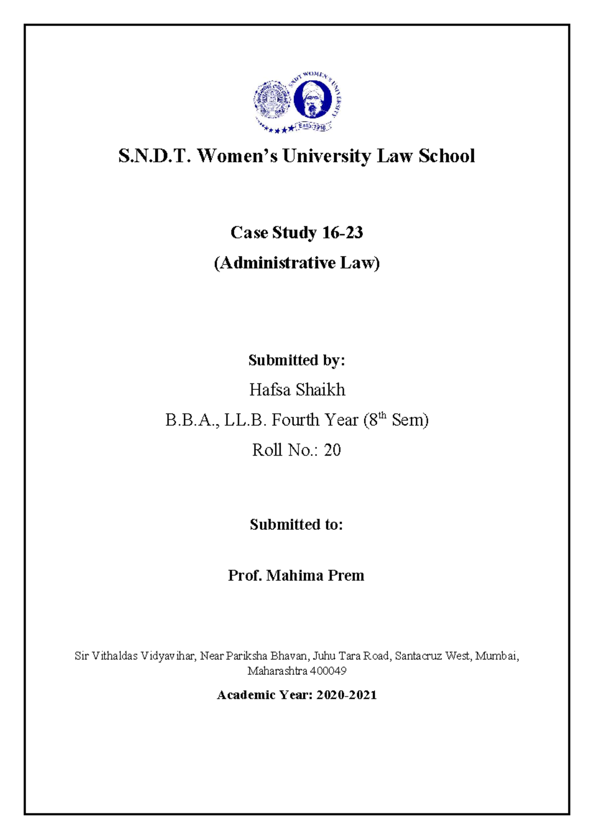 S.N.D.T. University Law School Case Study: Administrative Law Insights ...
